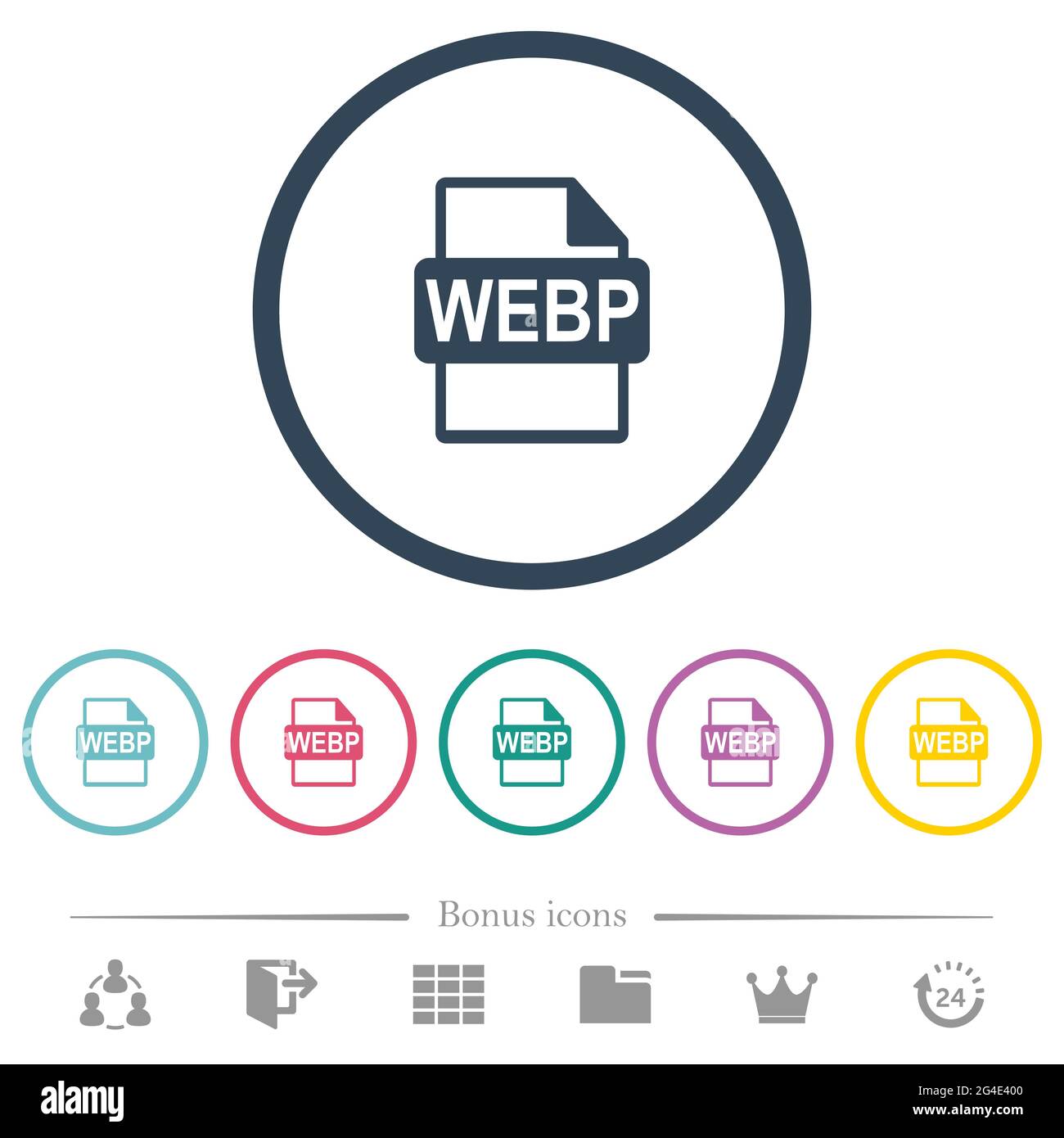 WEBP file format flat color icons in round outlines. 6 bonus icons ...
