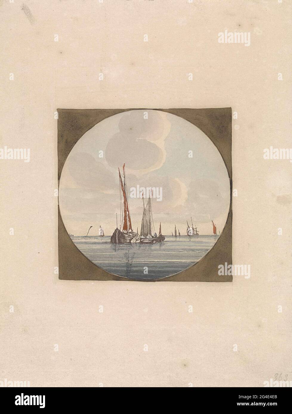 . Two sailing ships, a rowing boat in between, come alongside. On the ...