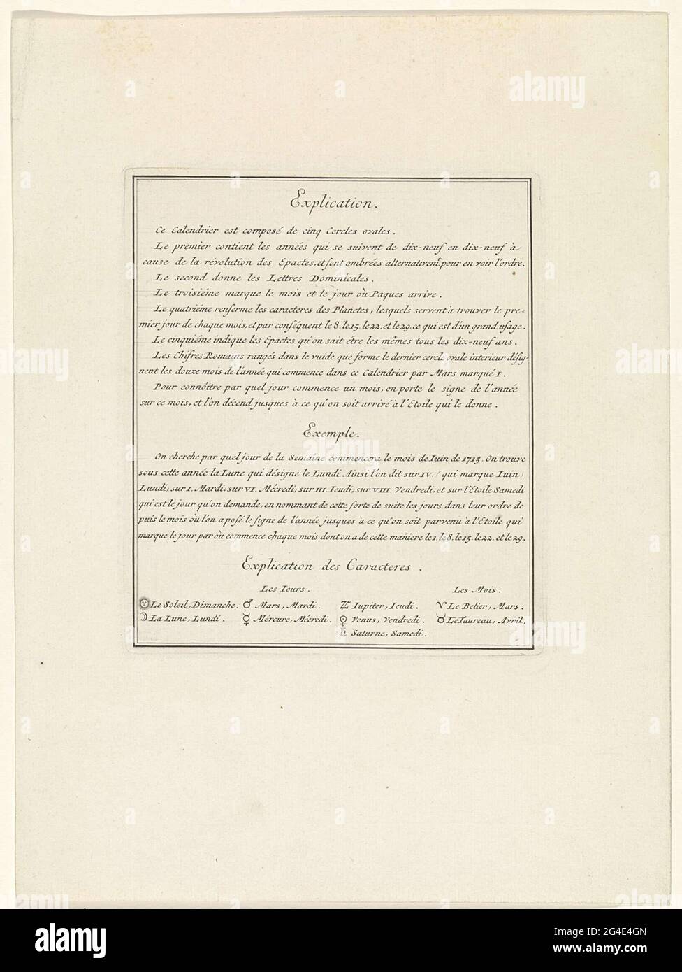 . Text in French with an explanation of the calendar for the year 1711 ...