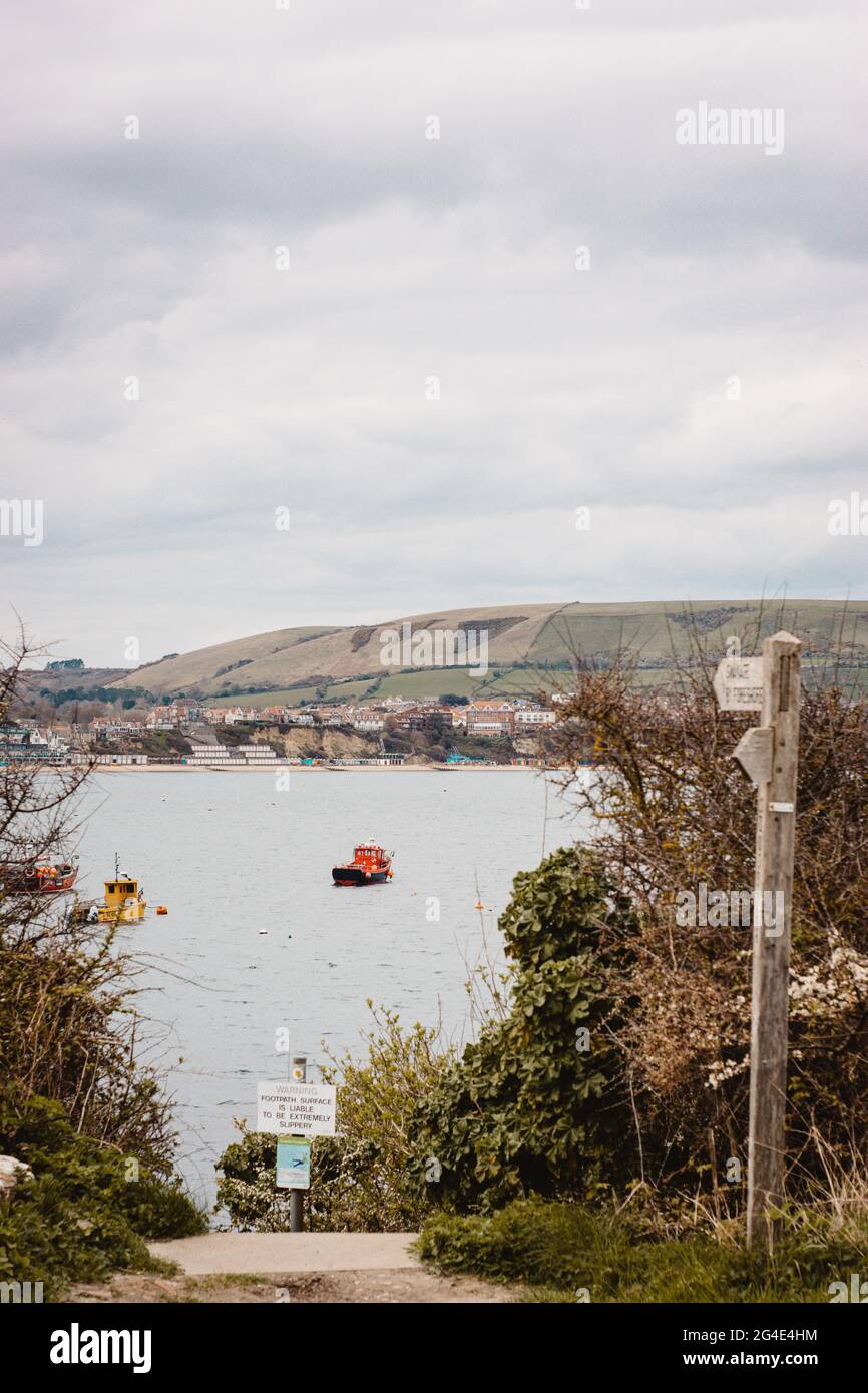 Fishing boats moored in Swanage harbour visible from the coast path ...