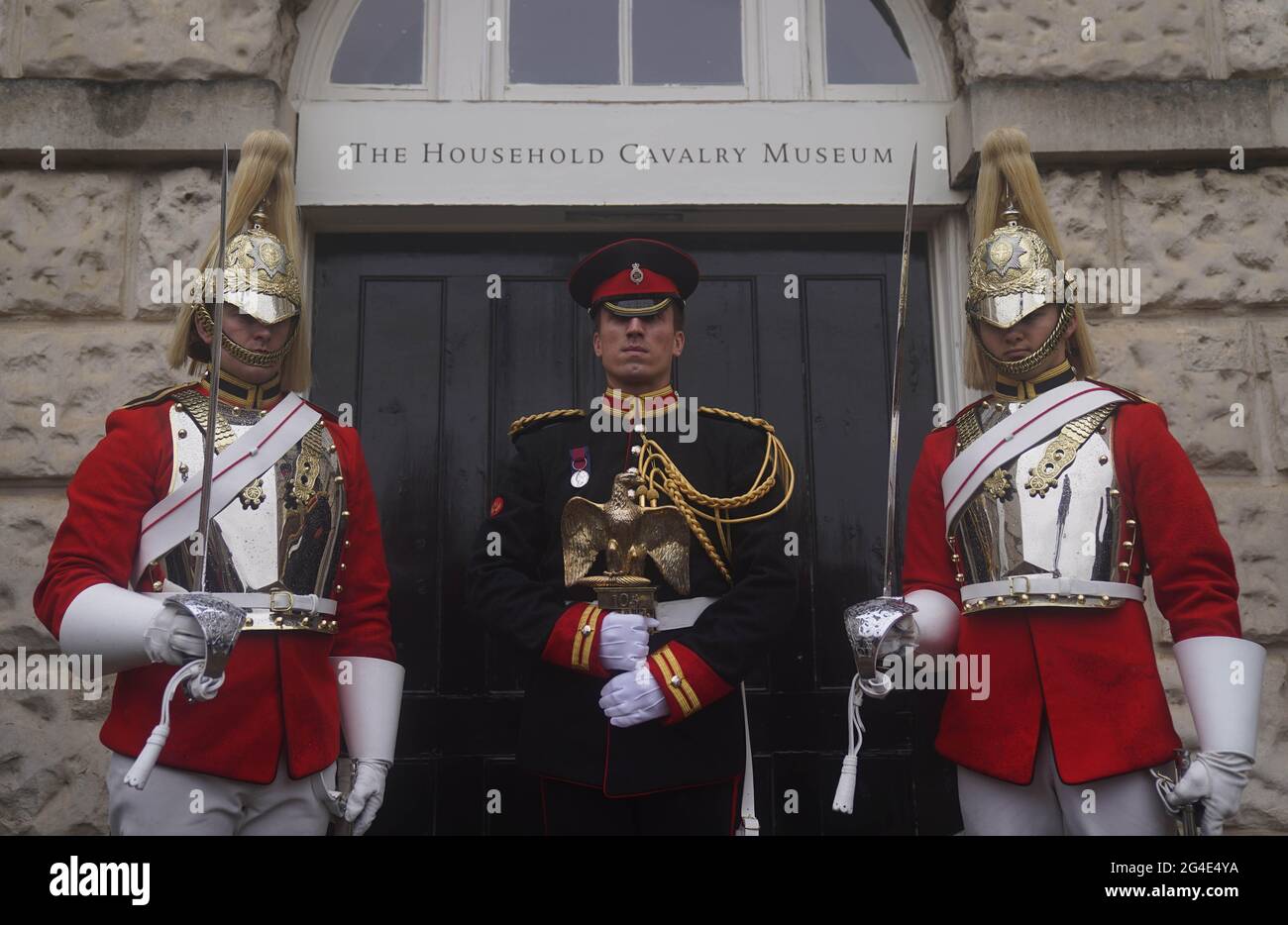 Lance Corporal of Horse Greenhow holds the Waterloo Eagle outside the ...