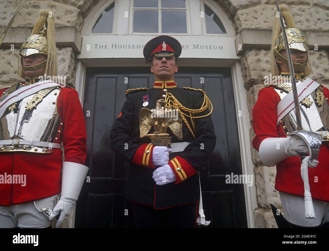 Lance Corporal of Horse Greenhow holds the Waterloo Eagle outside the ...