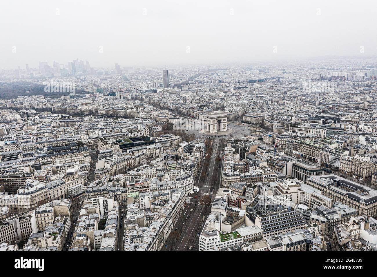 Aerial view of Arc de Triomphe, Paris and defense neighborhood Stock ...