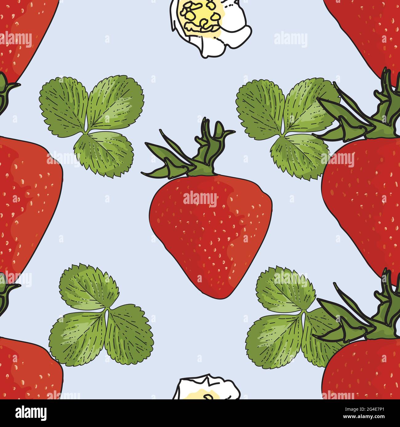 Vector pastel blue background garden strawberries, berry flowers ...