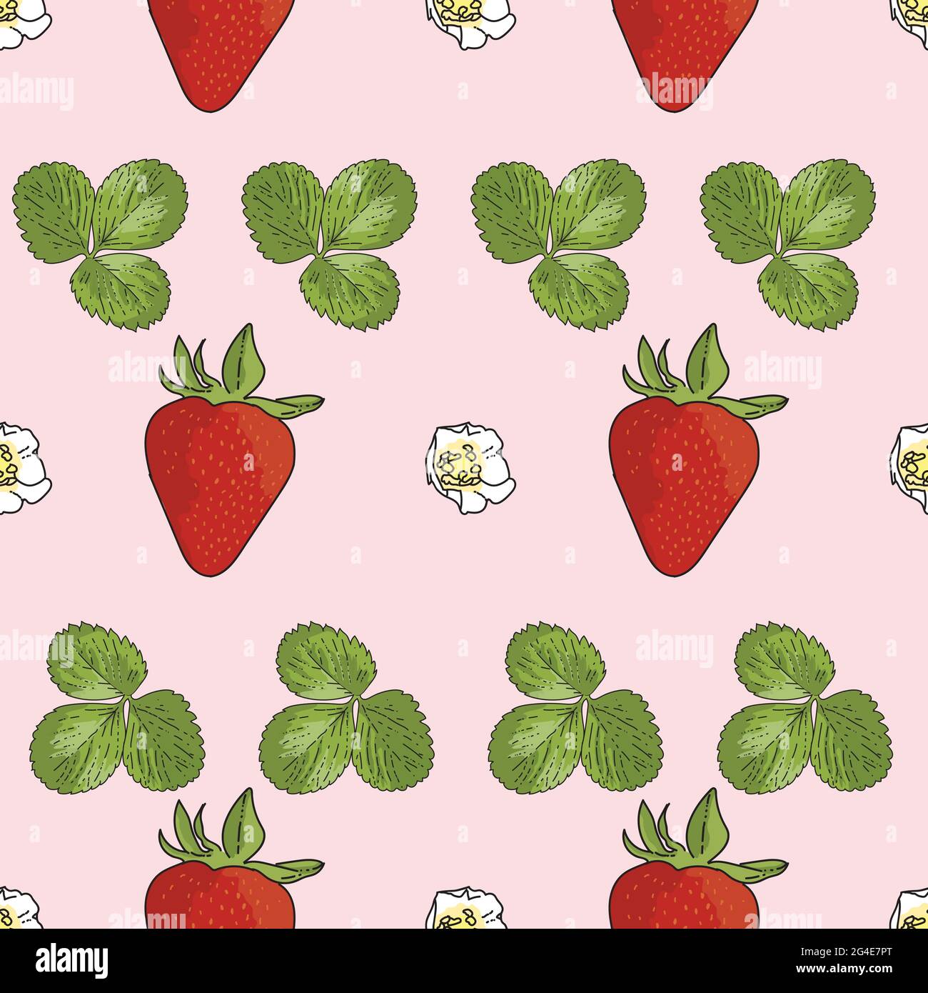 Vector pastel pink background garden strawberries, berry flowers ...
