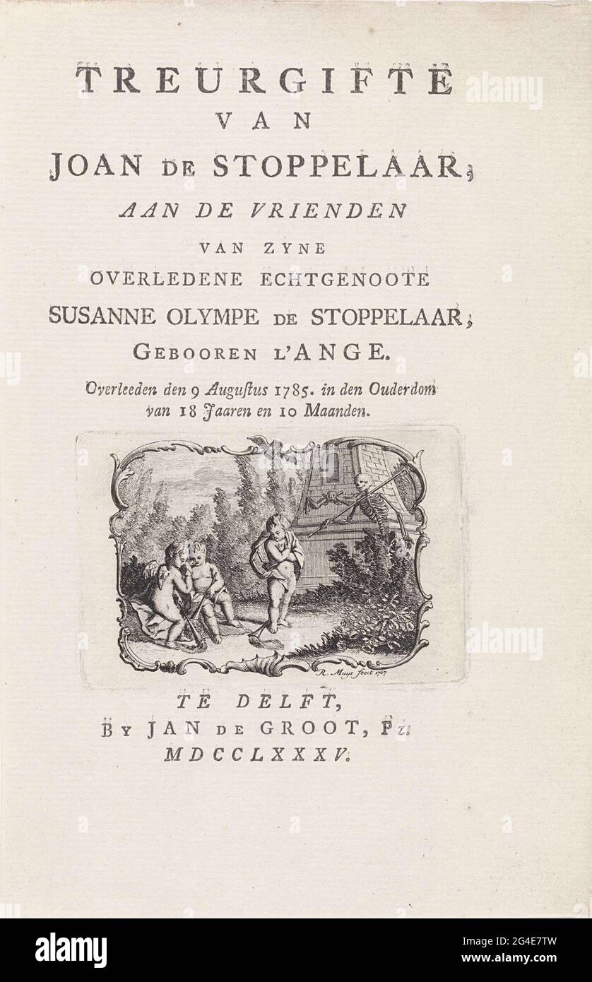 . Three grieving putti at a grave monument. Left death in the form of a ...