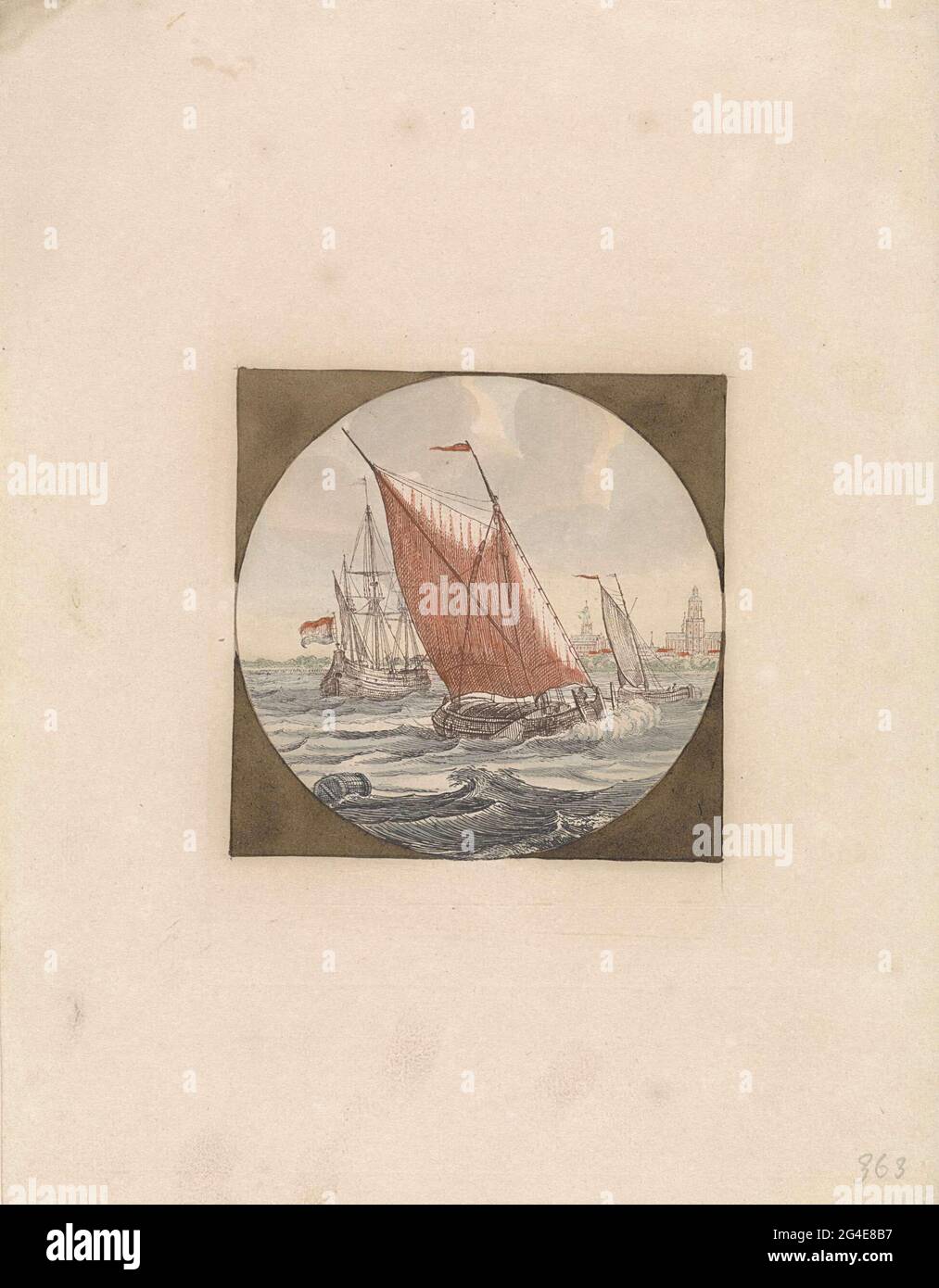 . A flat bottom with red-brown sails is sailing at sea and causes a bow ...