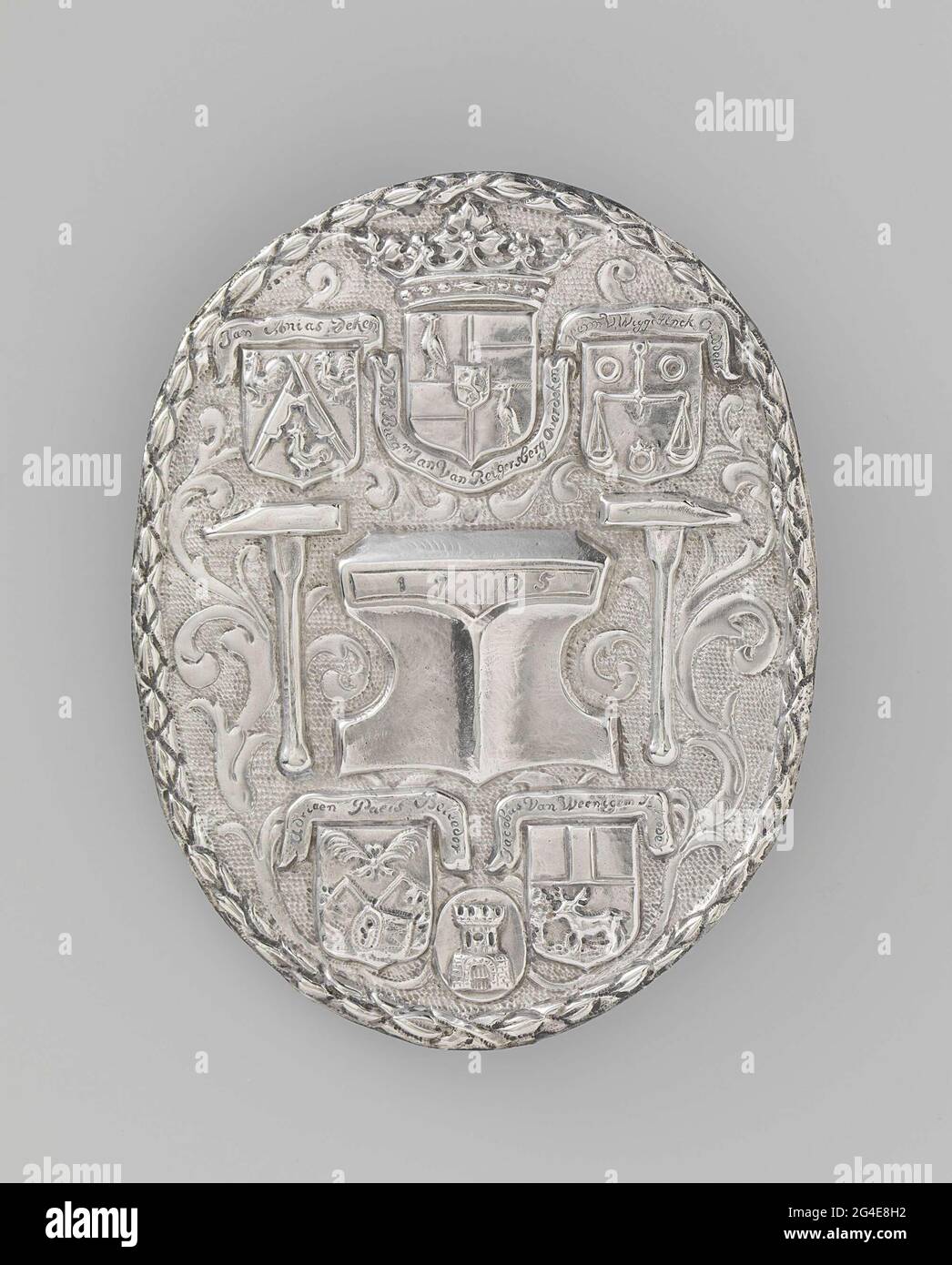 . Oval shield of driven silver, from the Smids Guild of Middelburg ...
