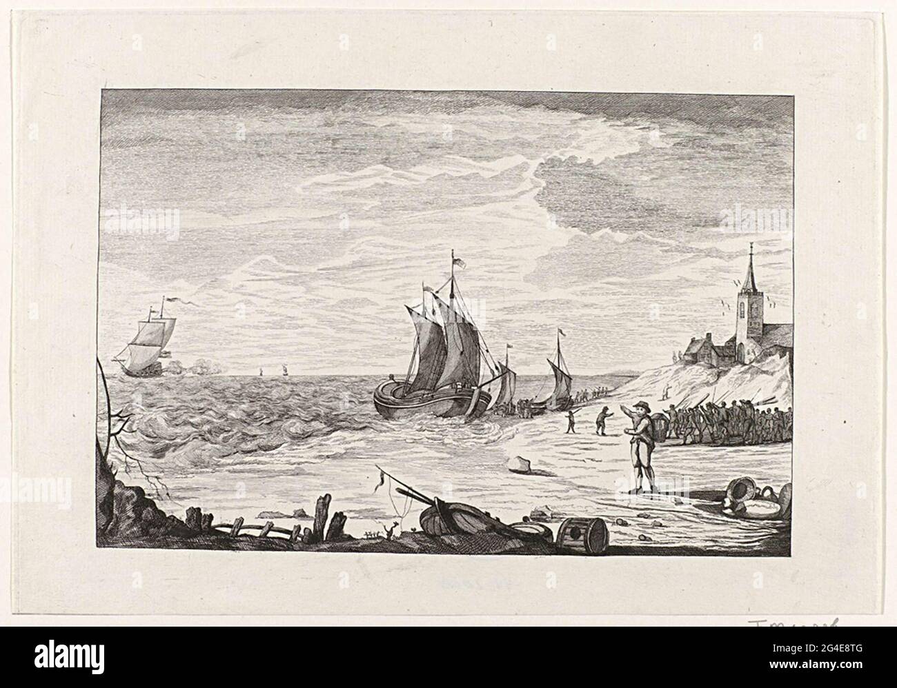 . A Vlaardinger Hoeker while fishing by English hijackers the beach at ...