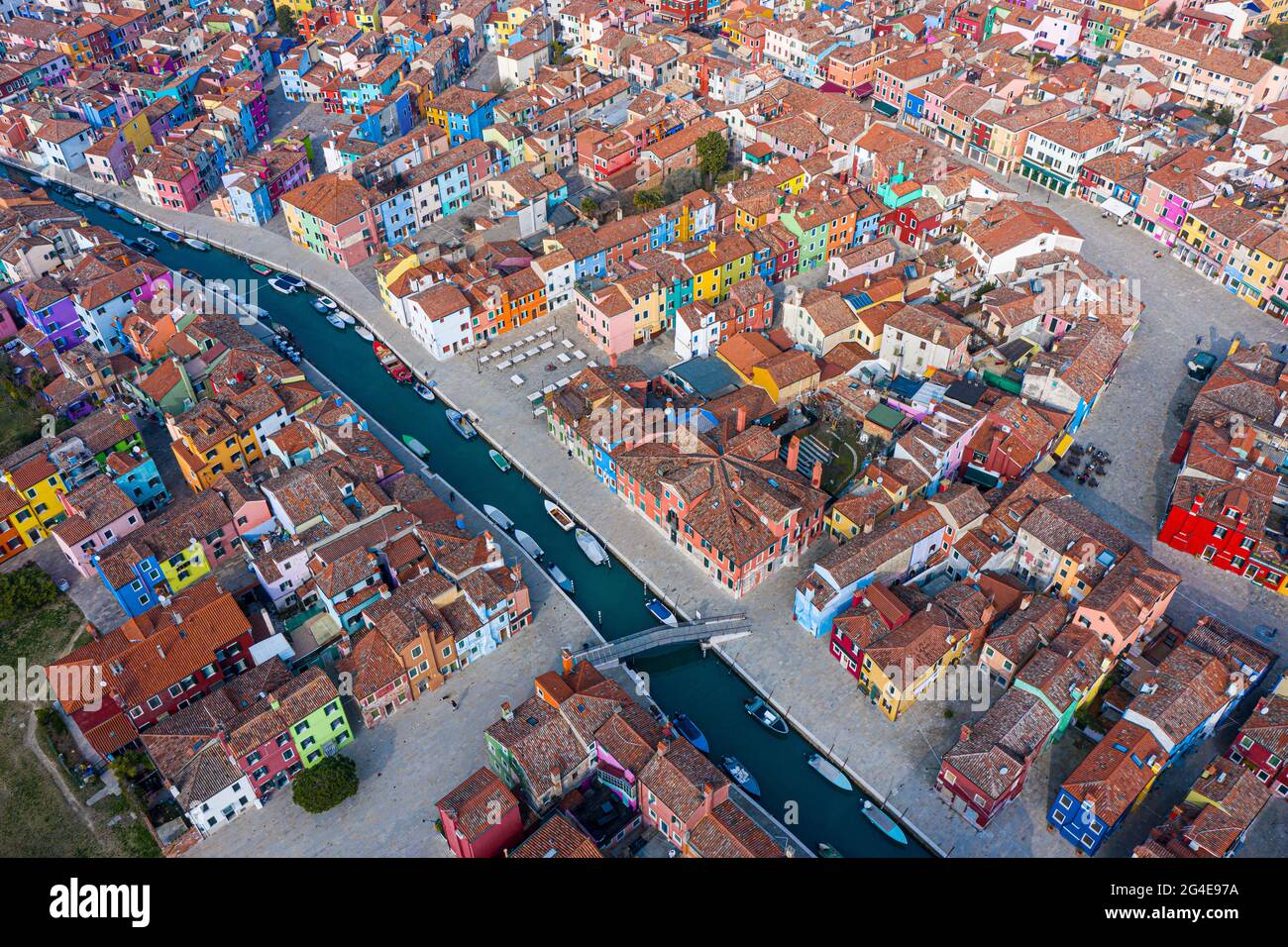Aerial view of the colorful houses of the Burano Island, Italy, Venice ...