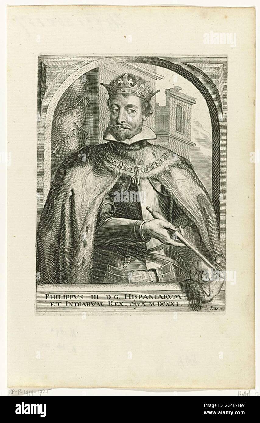 . Portrait of Philip III, in half. He is crowned and carries a harness ...