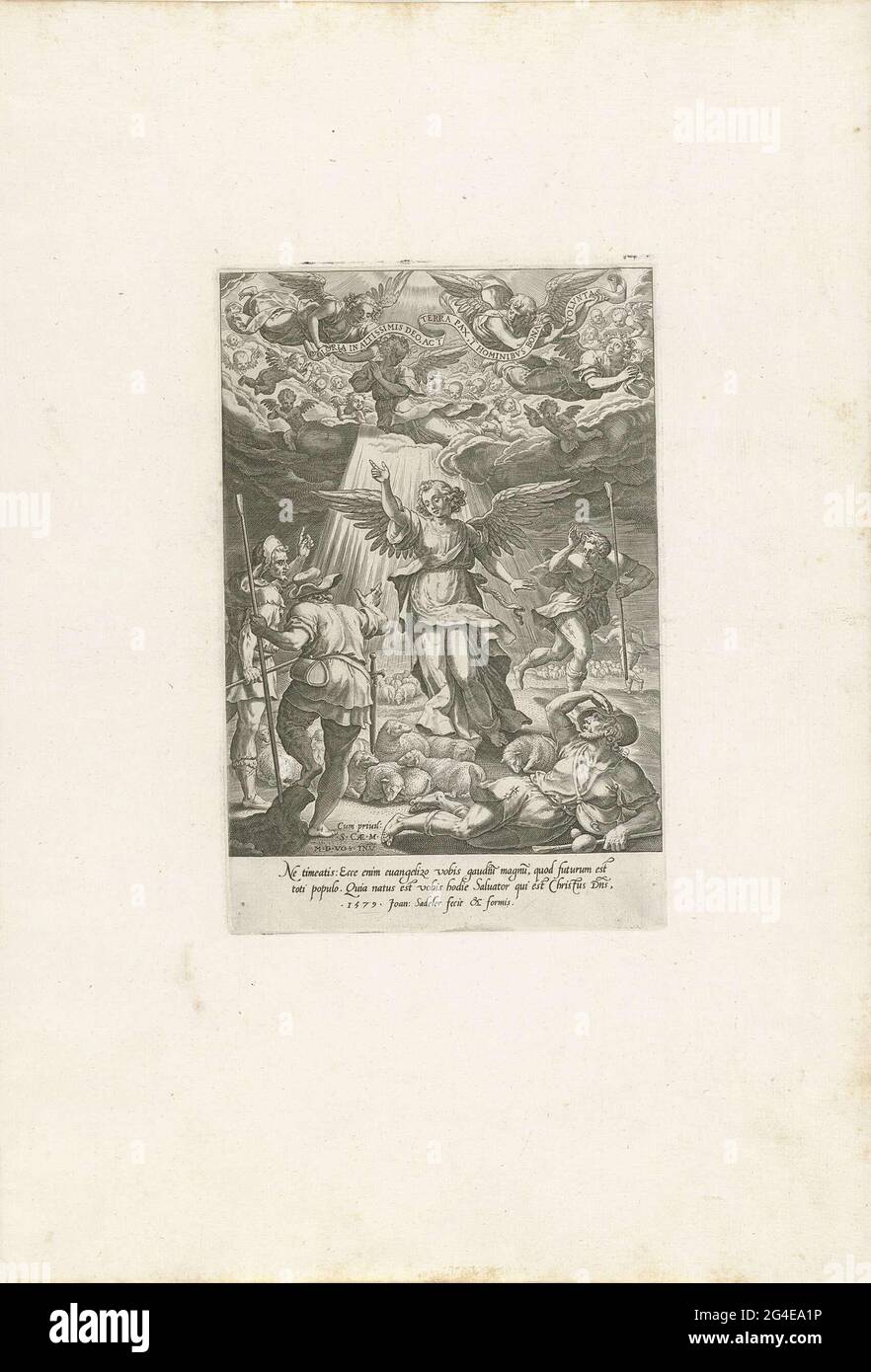 . An angel is in the middle of a group of shepherds at their herd of ...