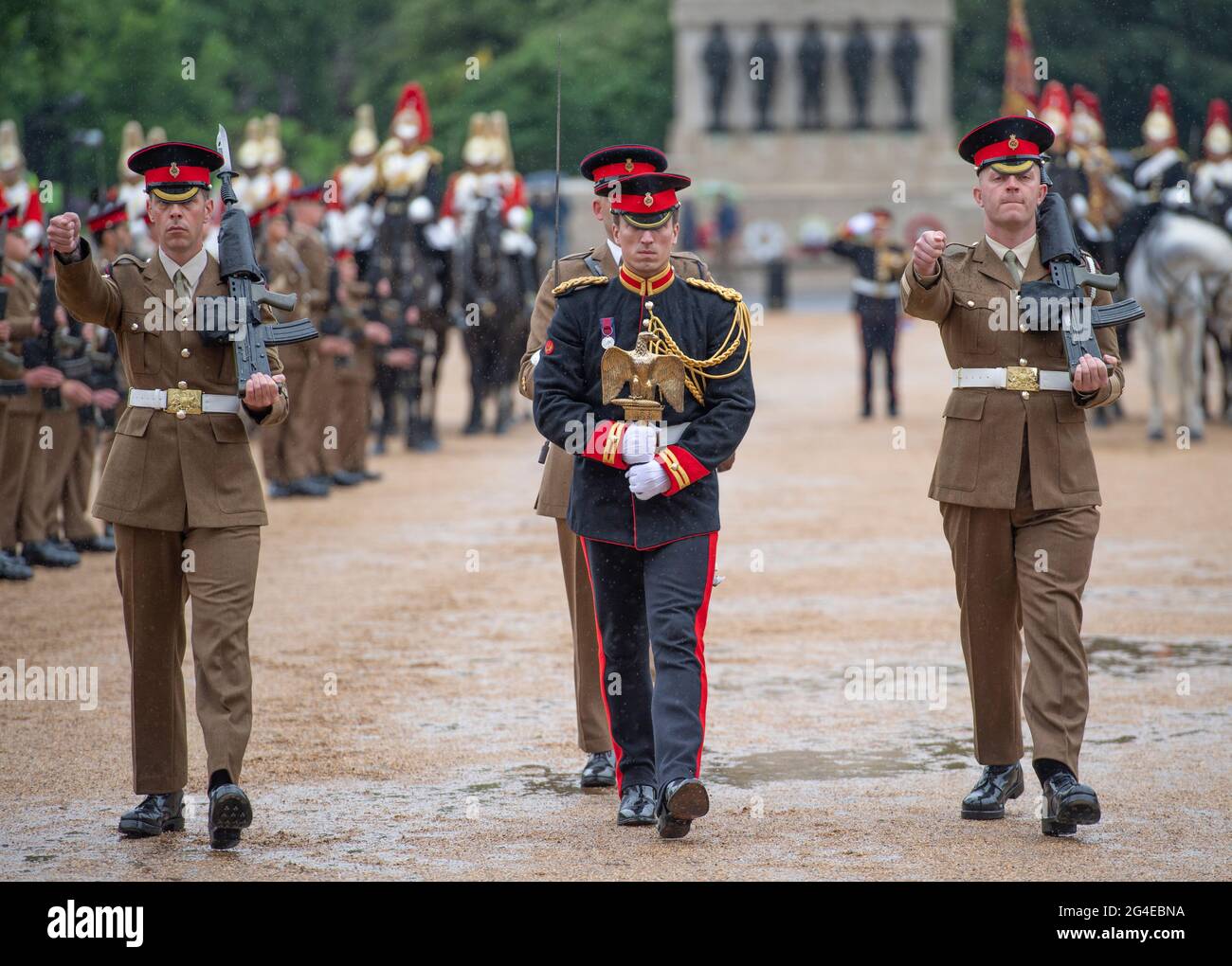 Horse Guards Parade, London, UK. 21 June 2021. Cavalrymen and two ...