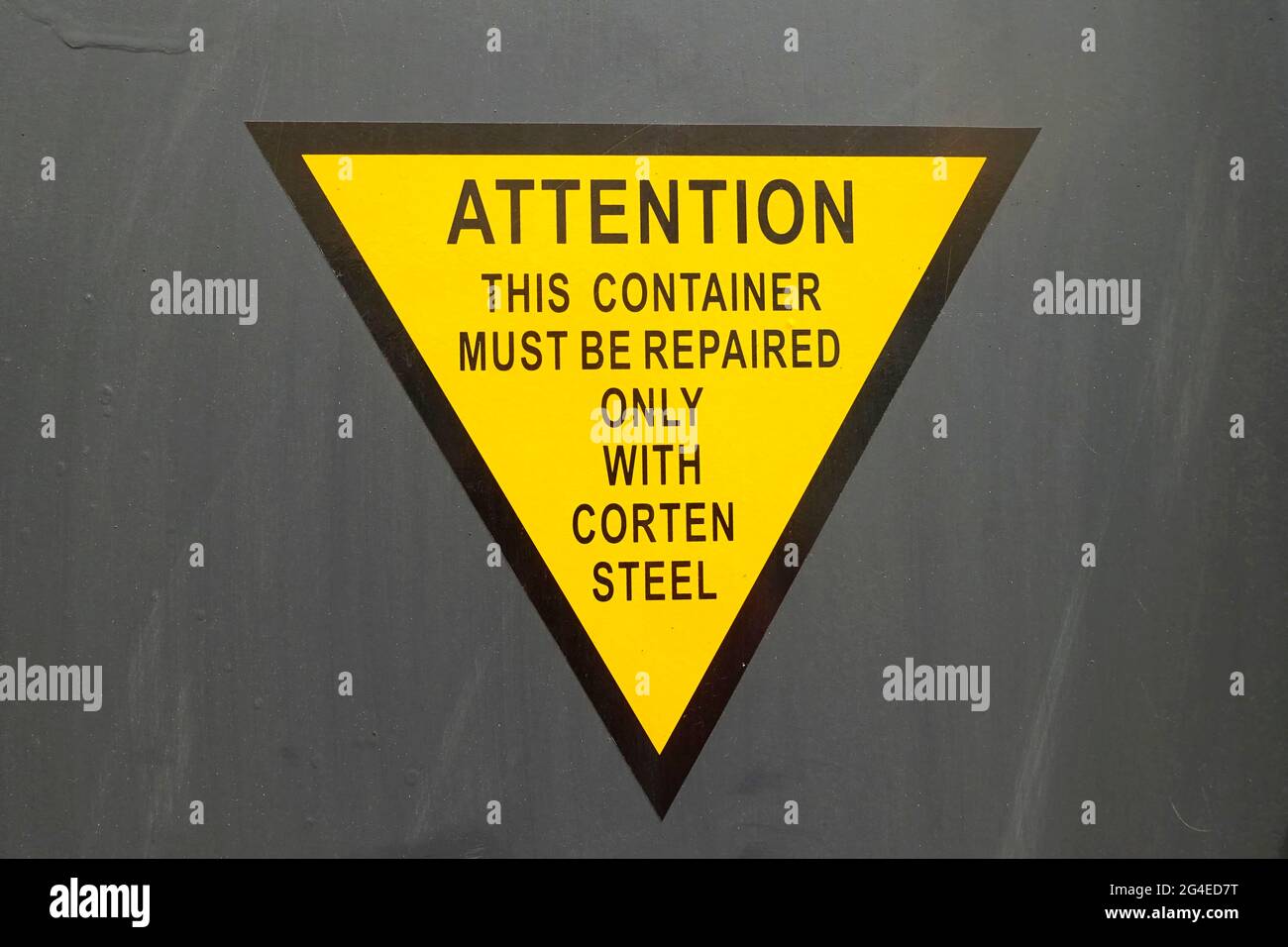 Sticker, this container must be repaired only with corten steel ...
