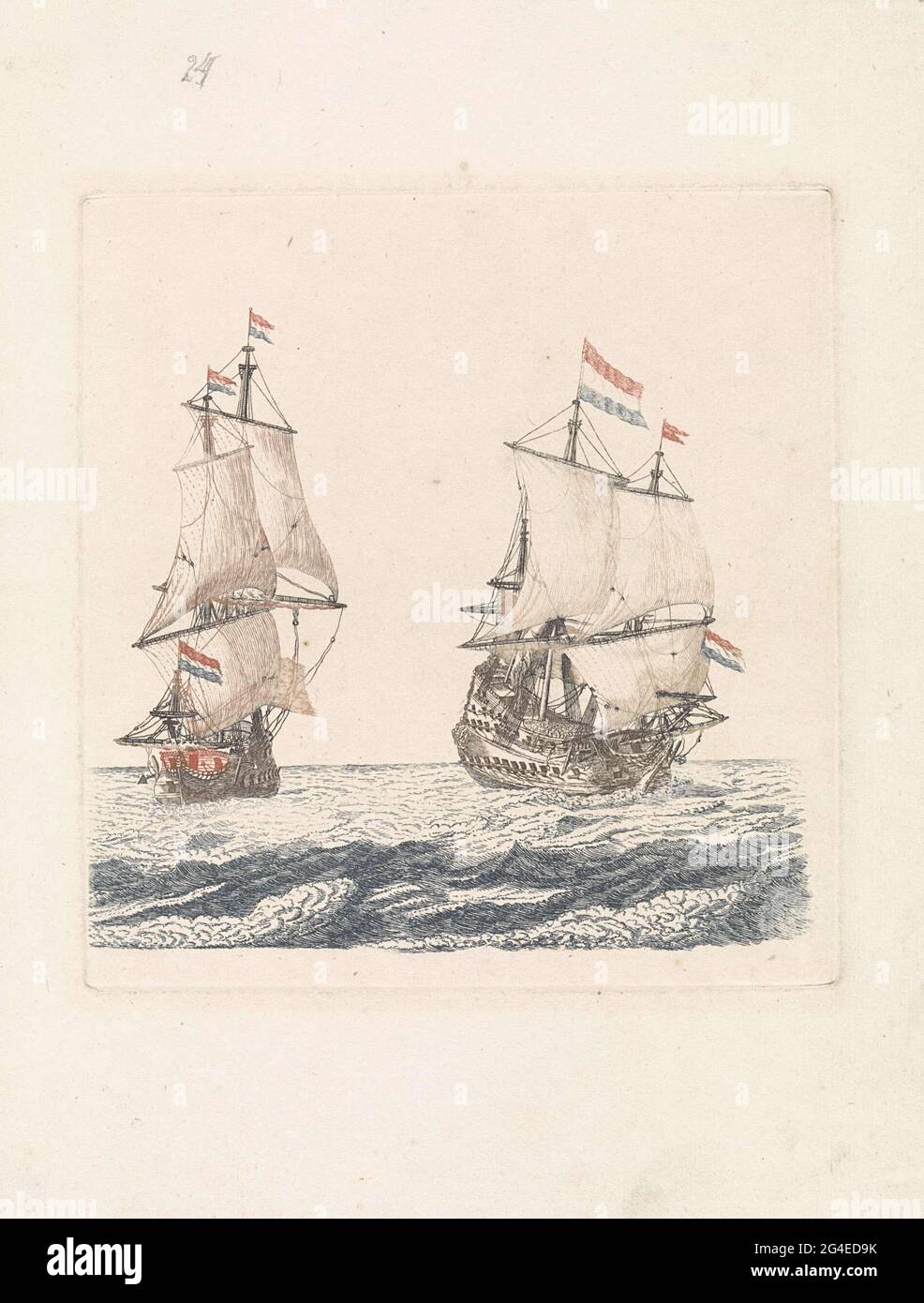 . Two sailing ships, both with Dutch flags in top, at sea Stock Photo ...