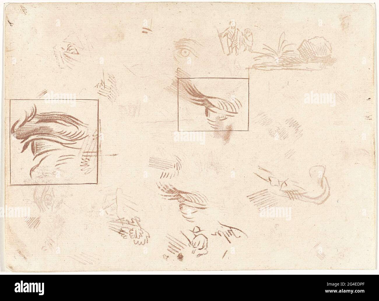 . Study sheet with two framed eye studies. In addition, a few figures ...