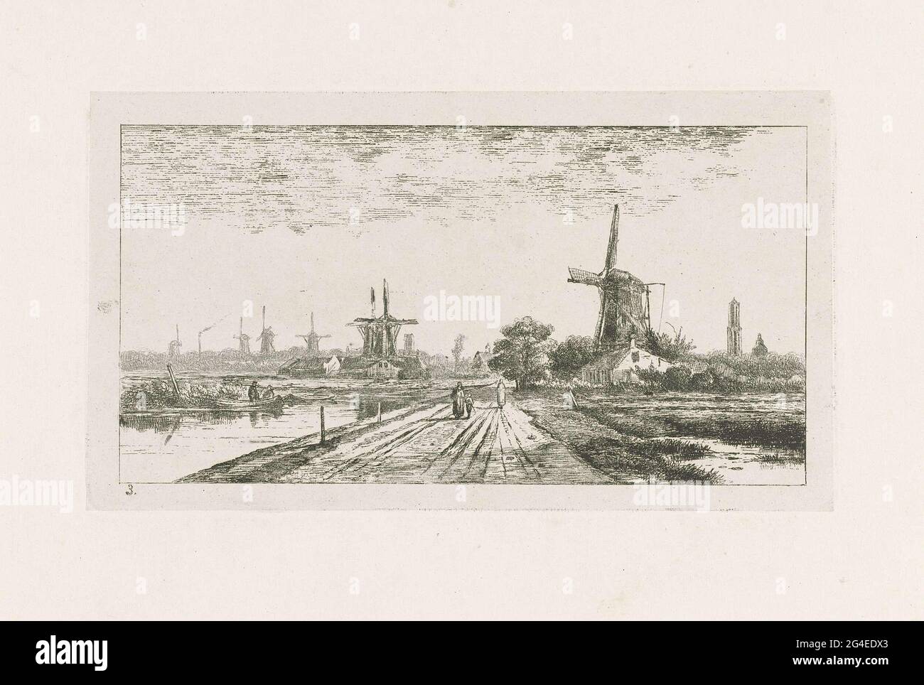 . Landscape with mills, three figures run on the road Stock Photo - Alamy