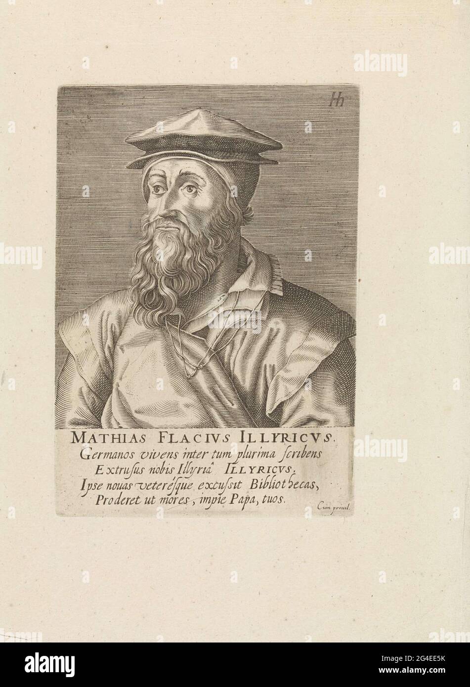 . Bust of Matthias Flacius. Under the portrait his name and four rules ...