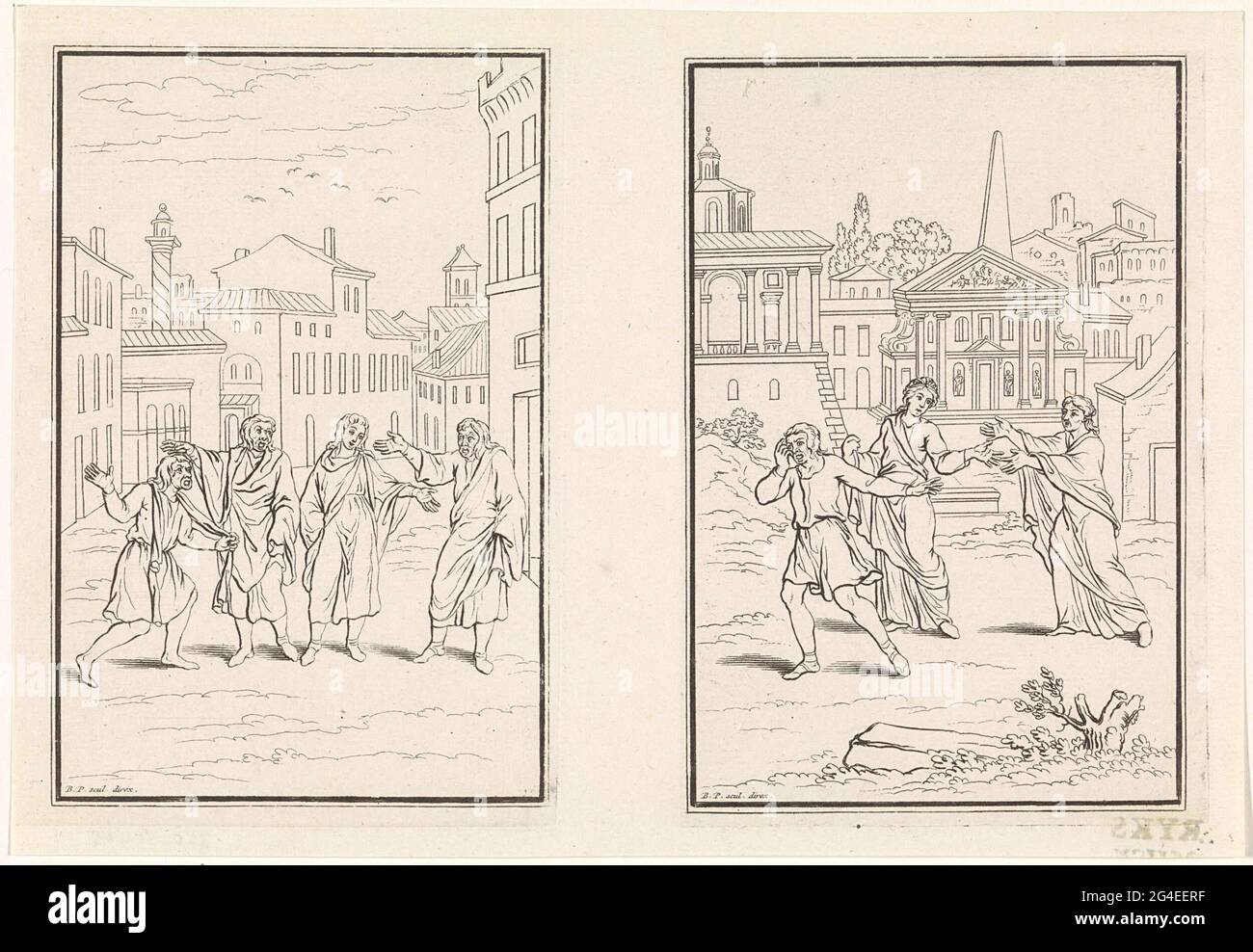 . Left: Conversation between Syrus, Demea, Aeschinus and Micio. Right ...