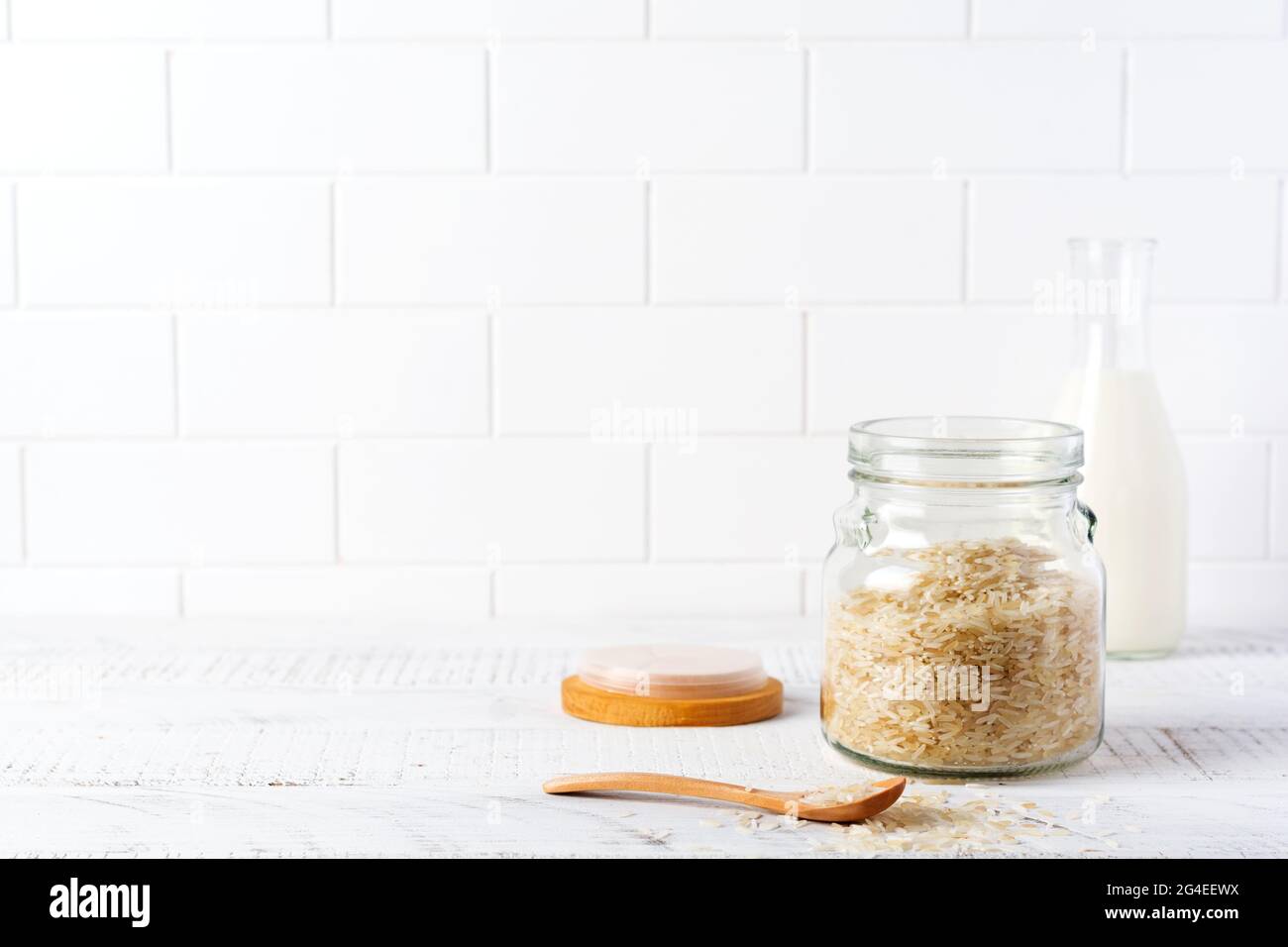 Raw White rice variety Arborio for Italian risotto dishes in glass jar ...