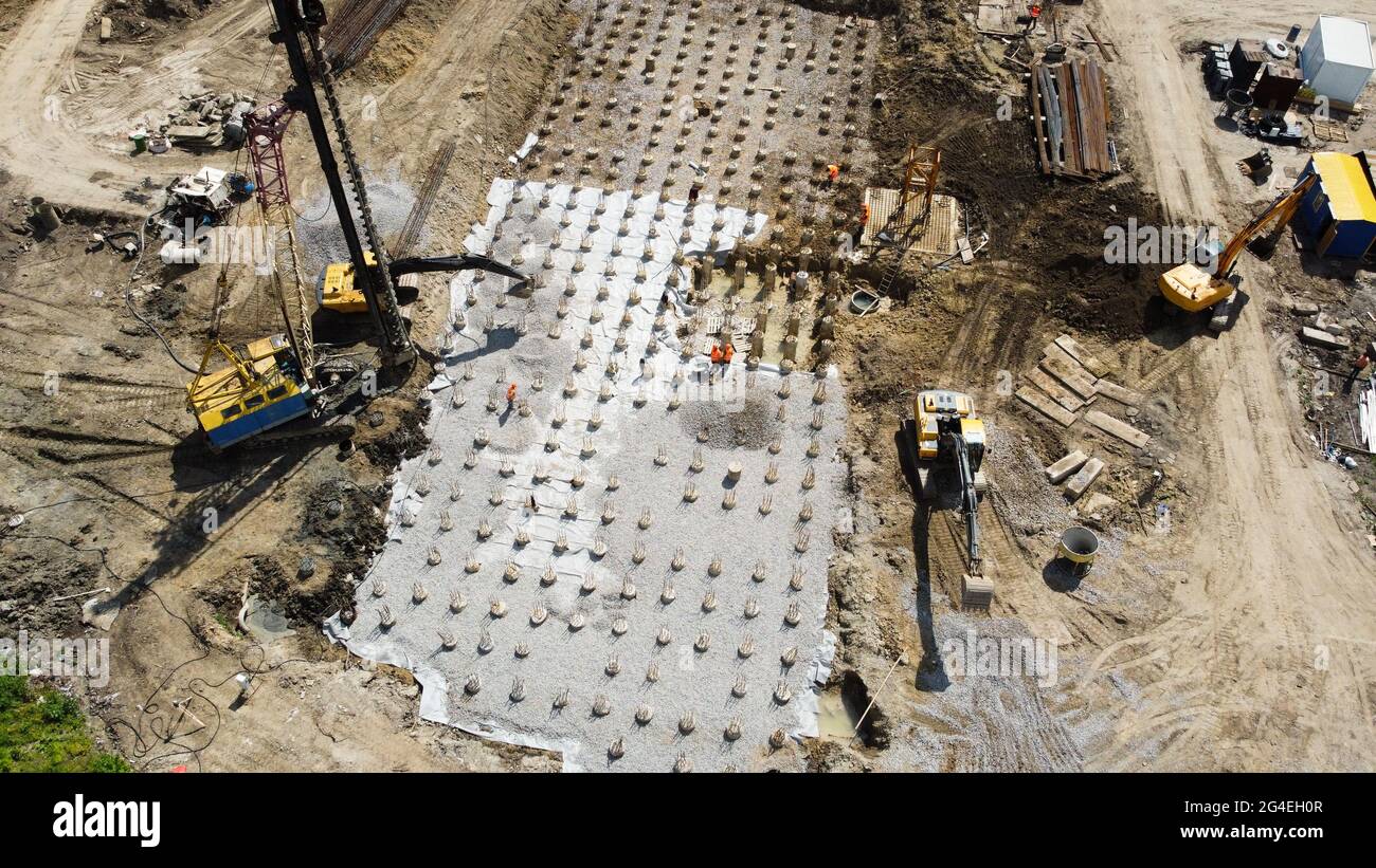 Housing development building site and road infrastructure aerial photo ...