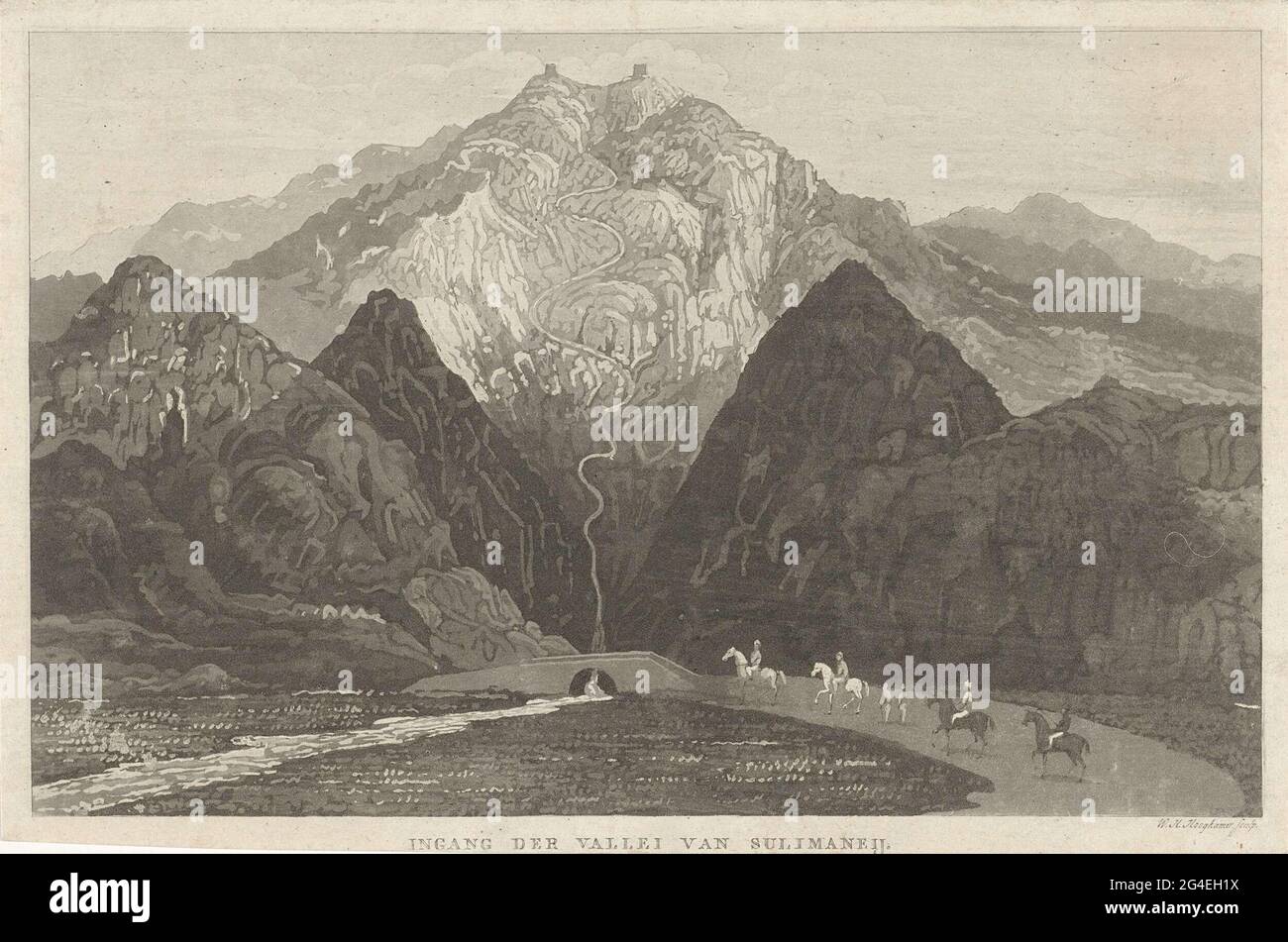 . Quiet riders and two pedestrians on a road at a bridge, at the ...