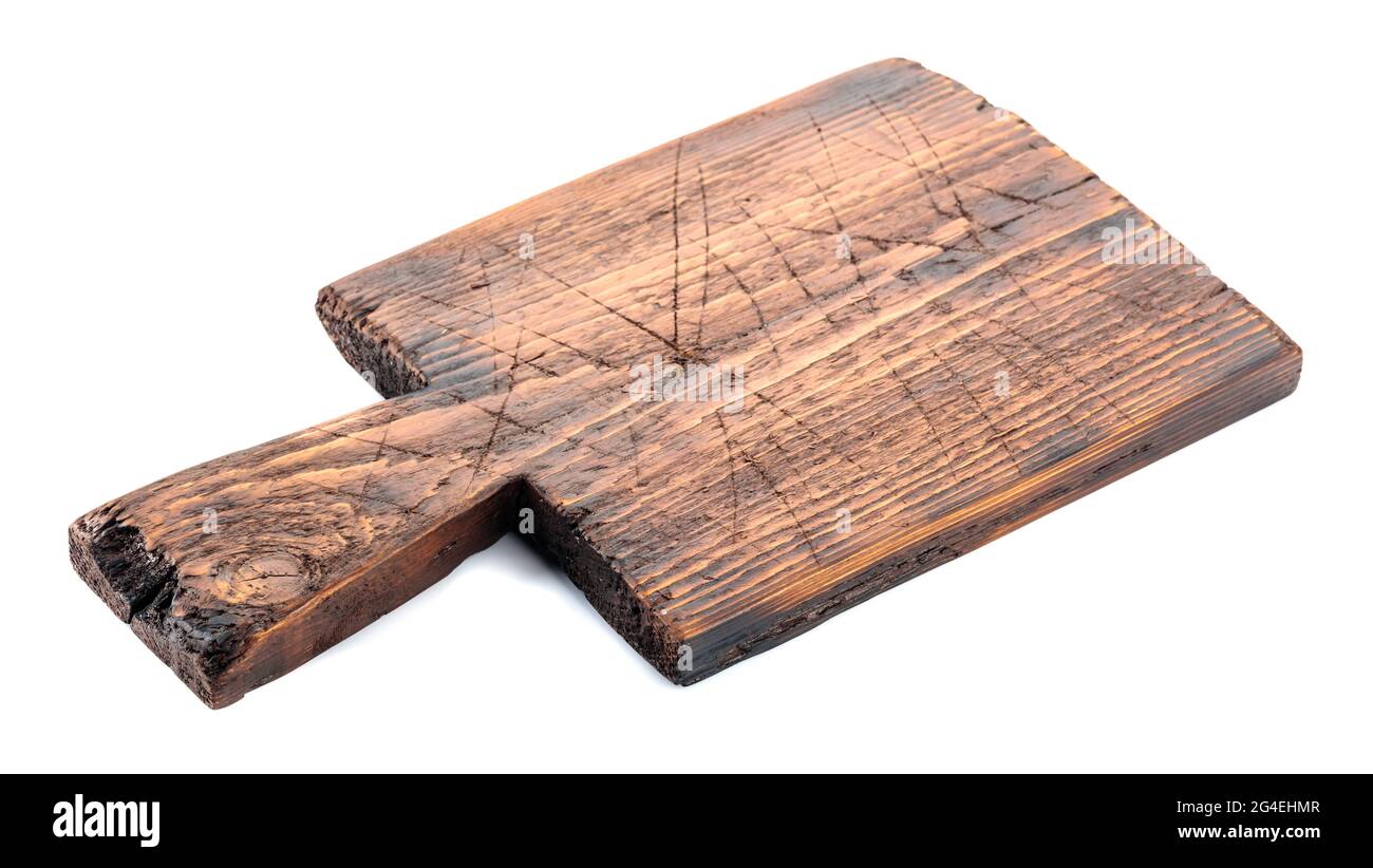 Old wooden cutting board isolated on a white background Stock Photo - Alamy