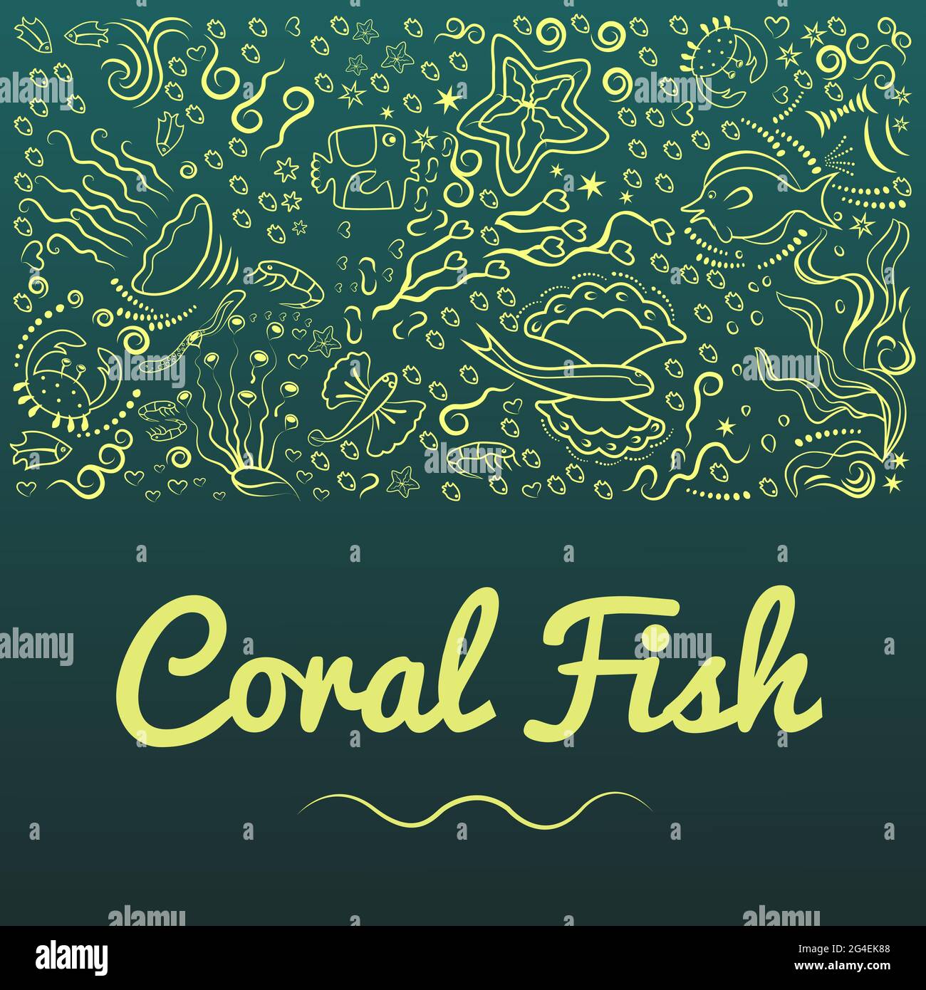 Marine sample of deep-sea fish, algae. Monochrome, frame for banners ...