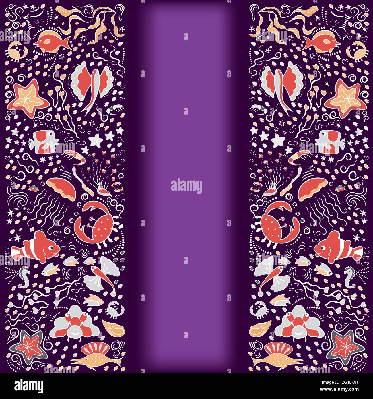 Marine sample of deep-sea fish, algae. Bright colored frame for banners ...