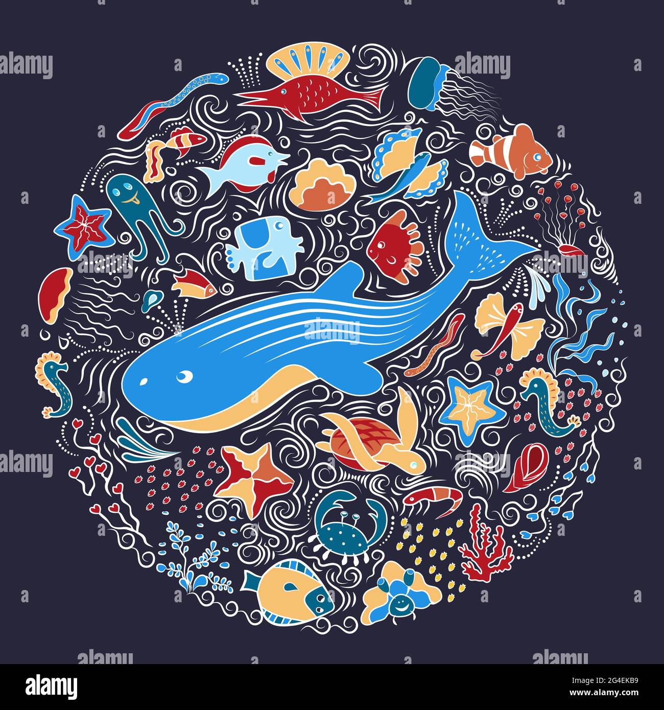 Shells, fish, deep-sea animals of the sea and ocean. Artistic lines ...