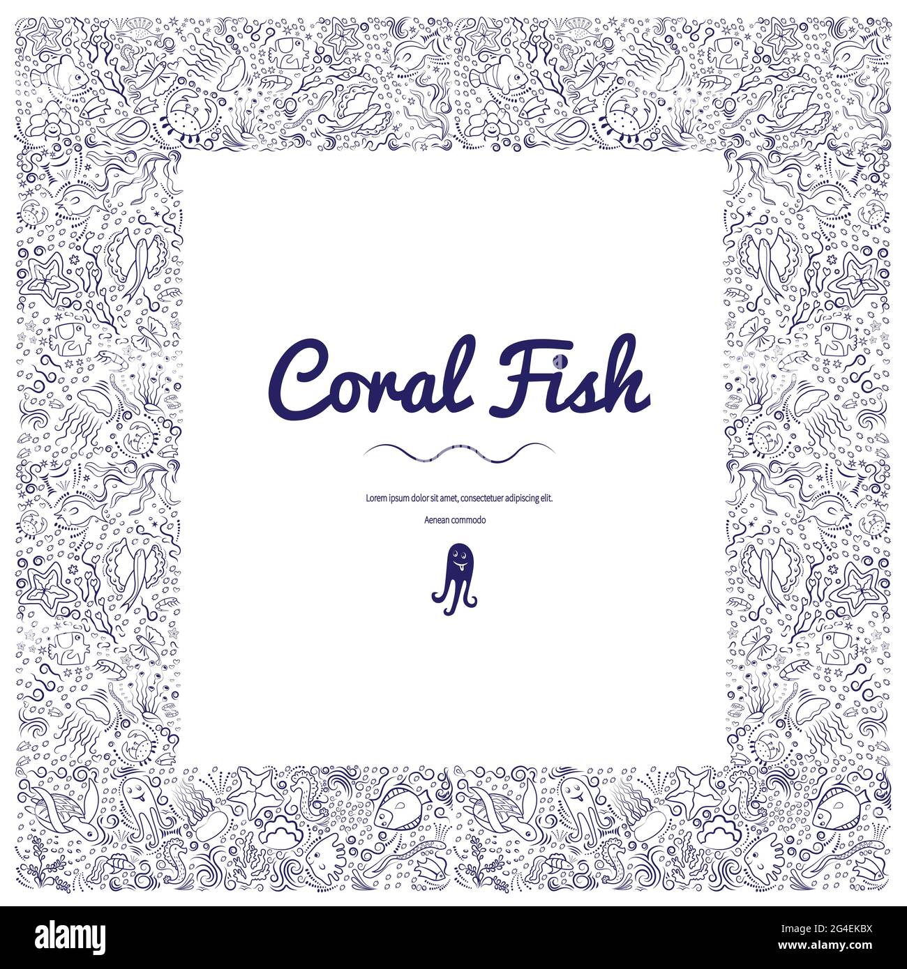 A square frame made of deep-sea fish, algae. Monochrome, frame for ...