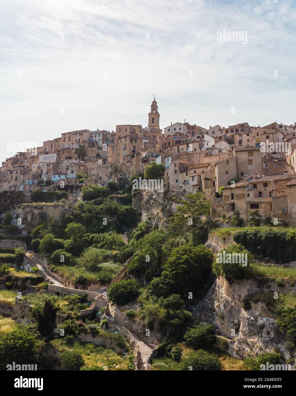 An ancient village of Bocairent with a bell tower in Valencia, Spain ...