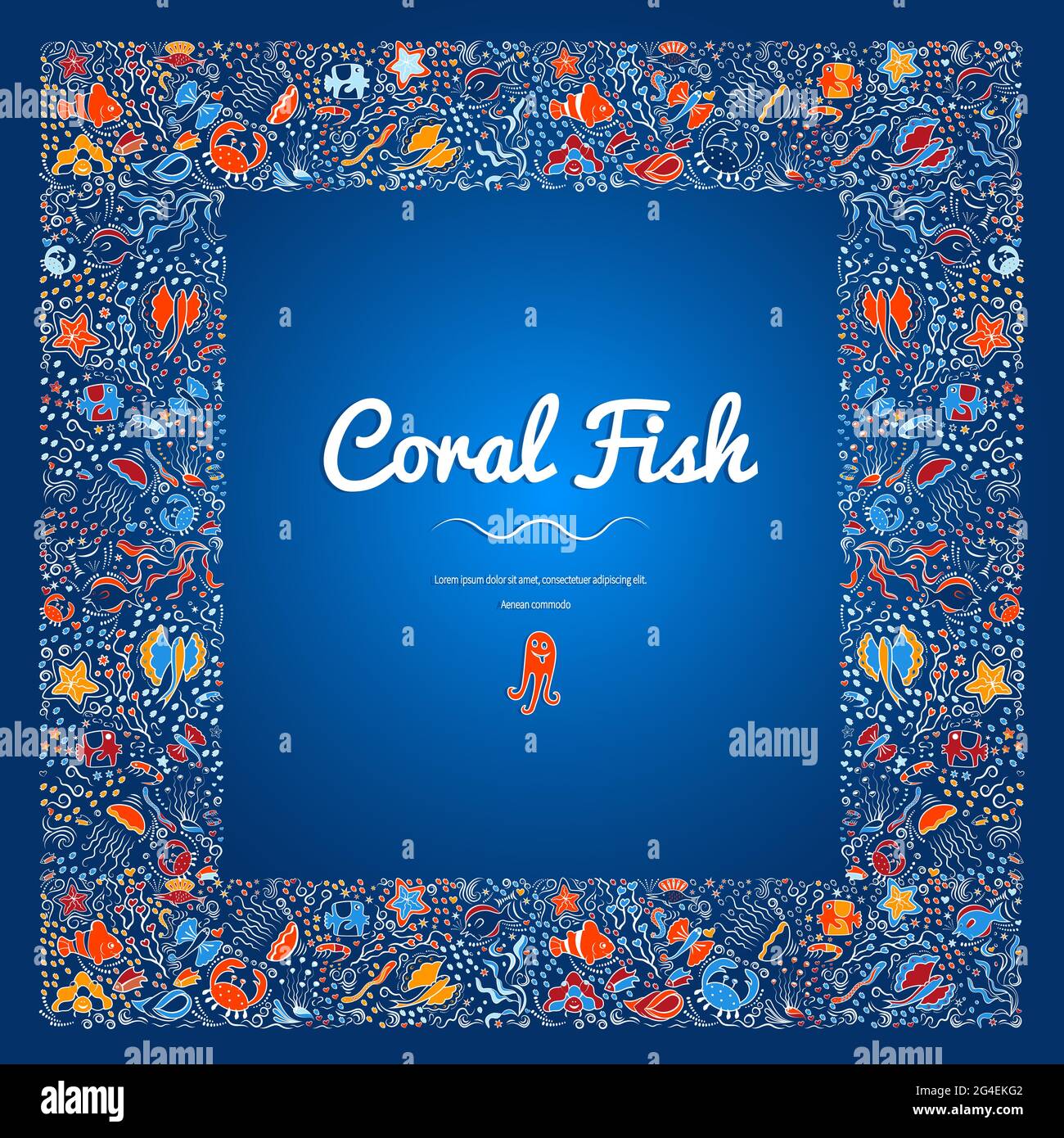 Square frame of deep-sea fish, seaweed. Multicolor, bright frame for ...