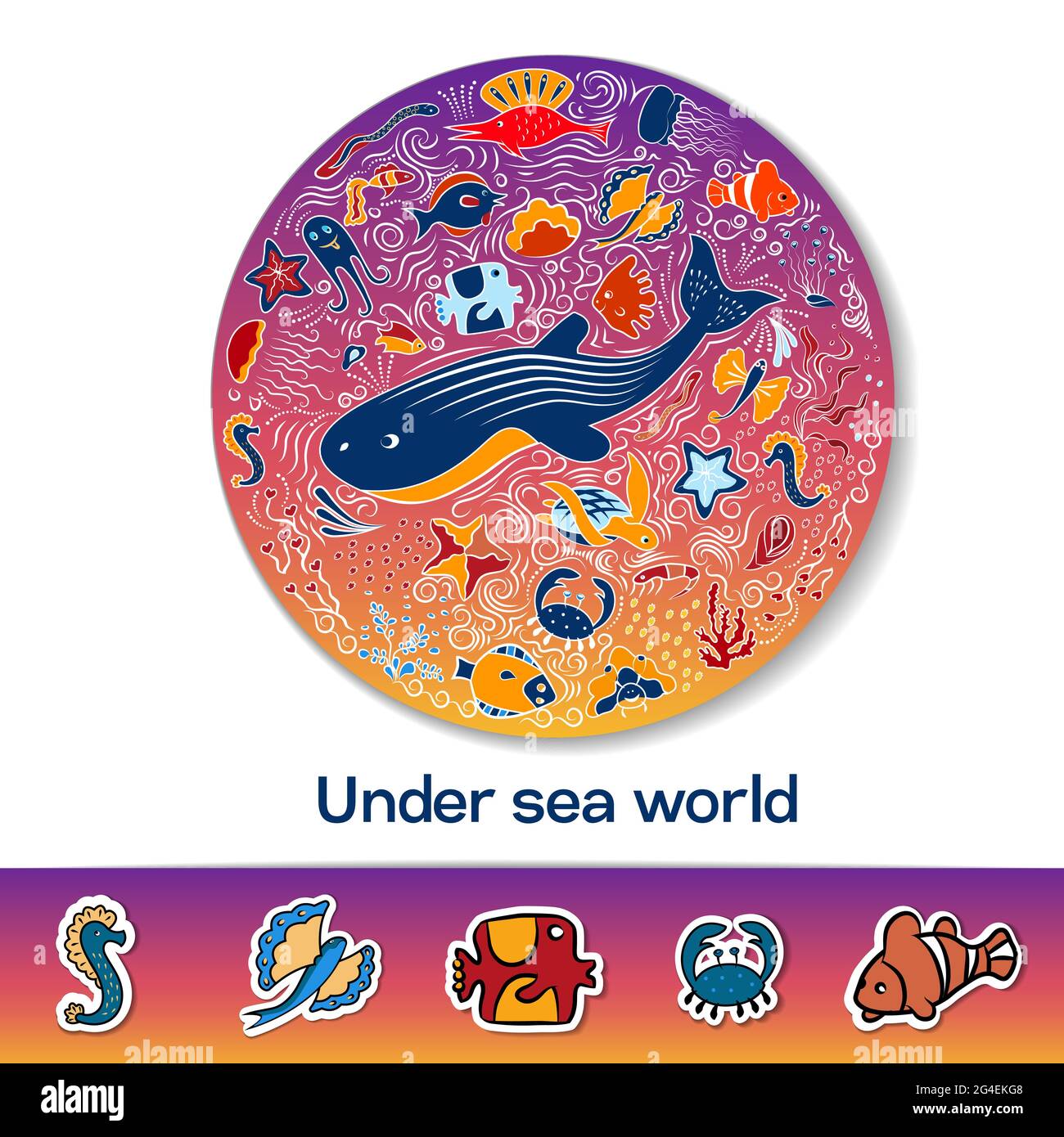 Bright circular pattern and clipart with place for text. Shells, fish ...