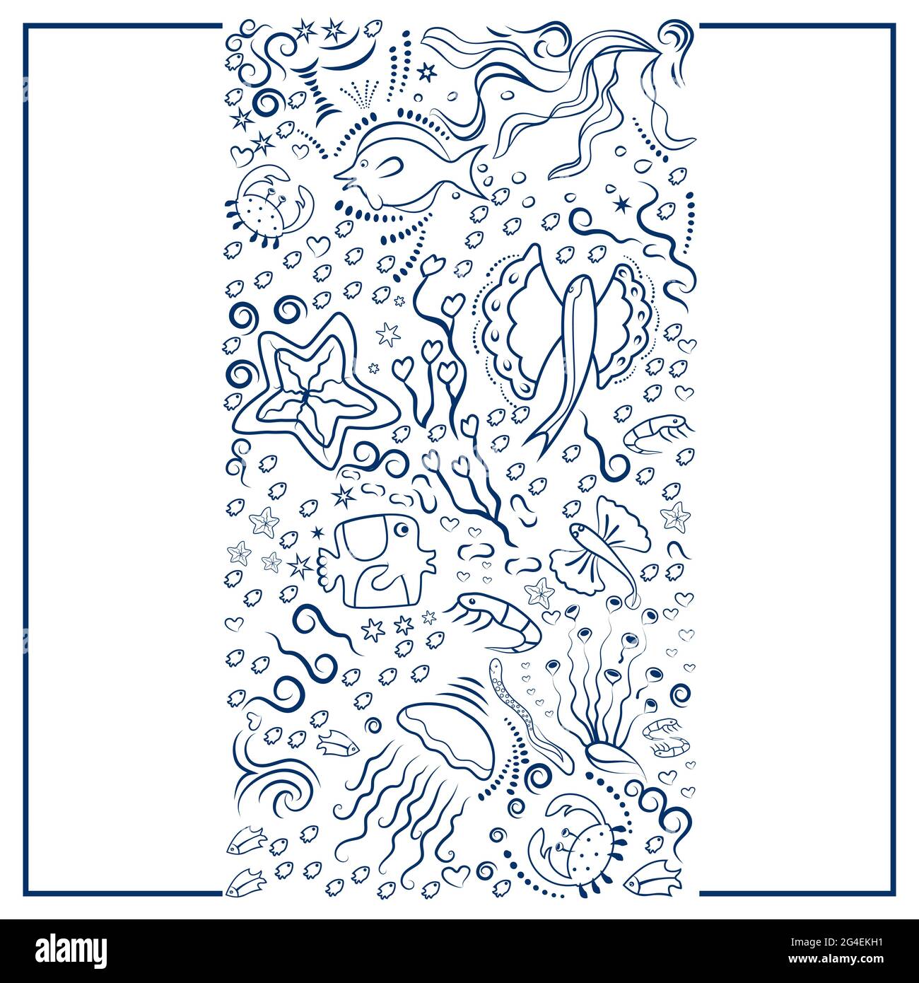 Sea pattern, vertical, with deep-sea fish, seaweed. Monochrome, frame ...
