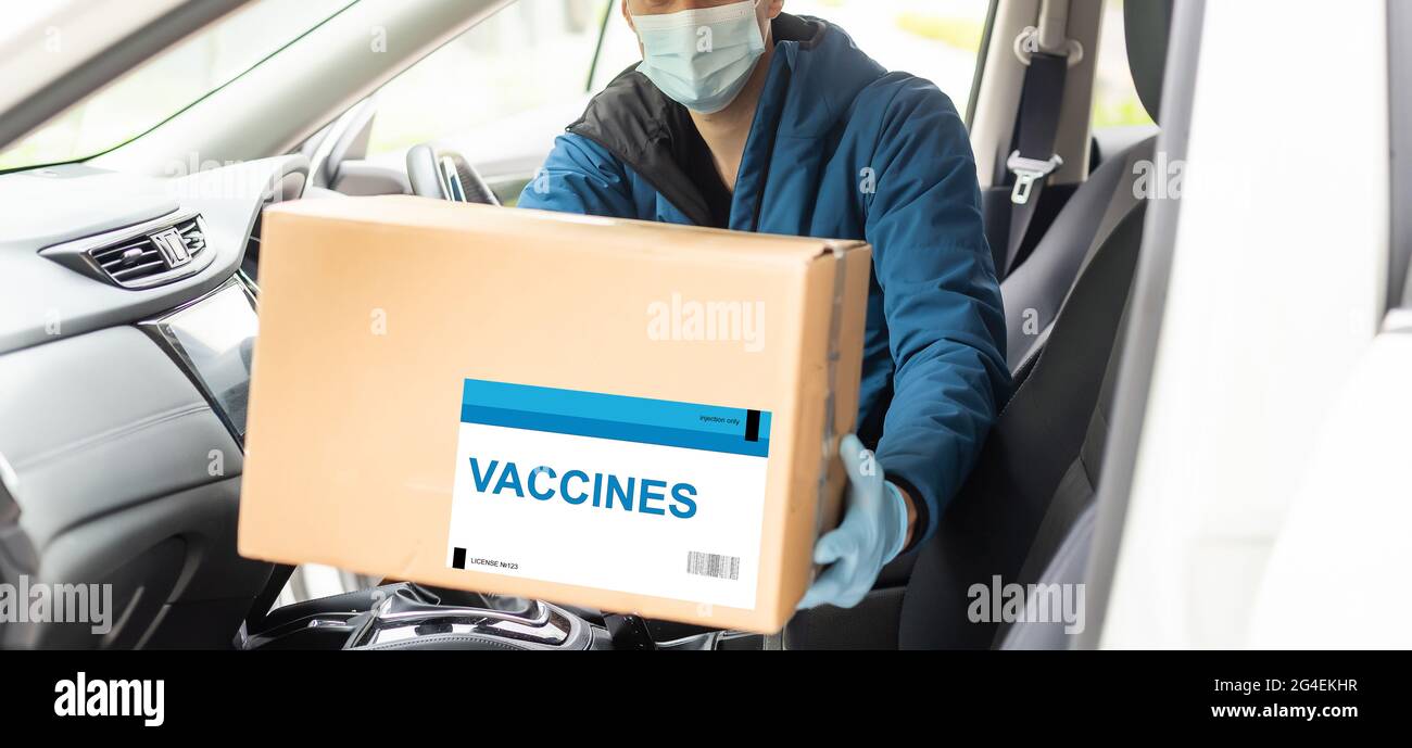 Close up of paper boxes with coronavirus vaccine, copy space, world ...