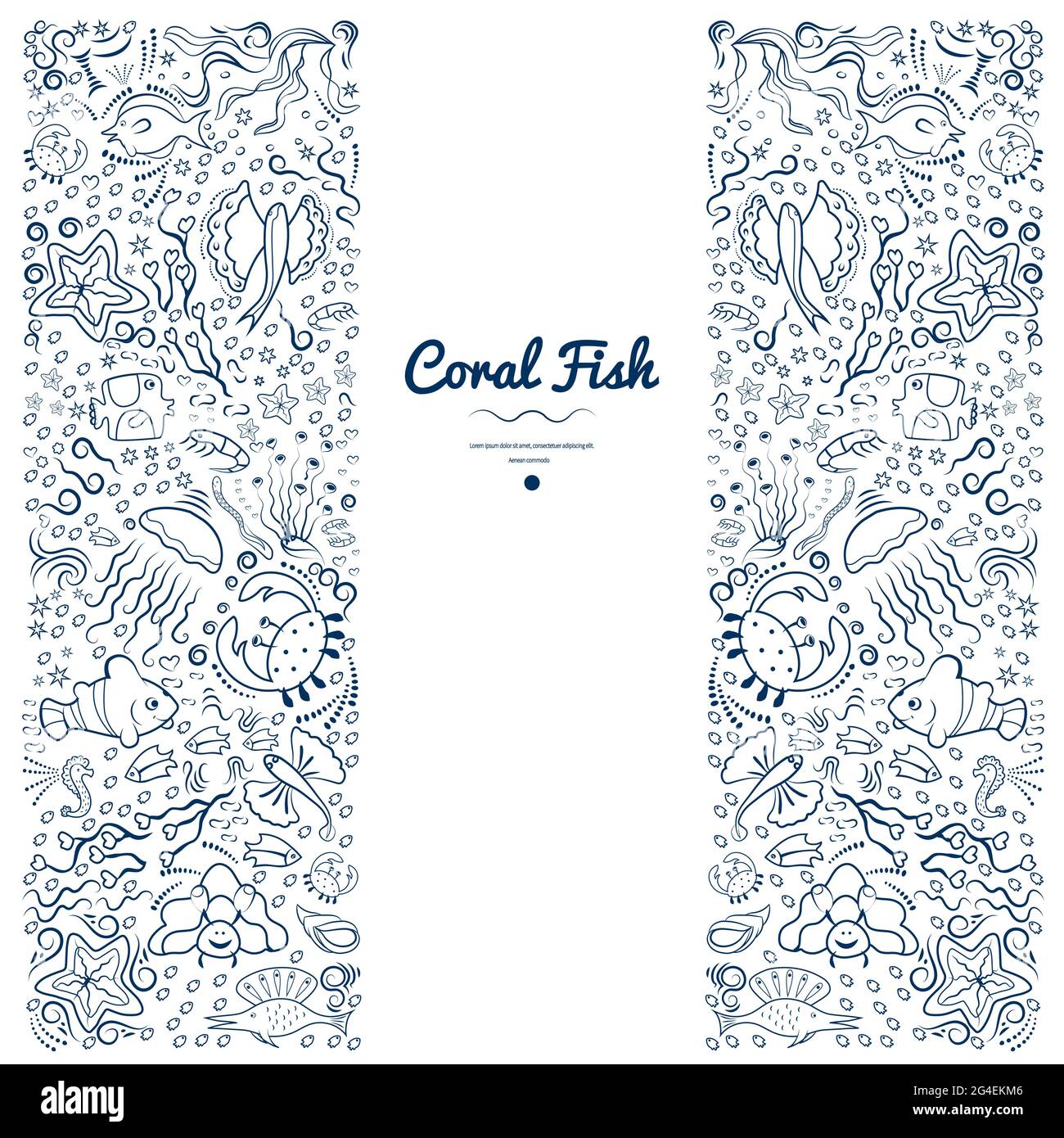 Sea pattern, vertical, with deep-sea fish, seaweed. Monochrome, frame ...