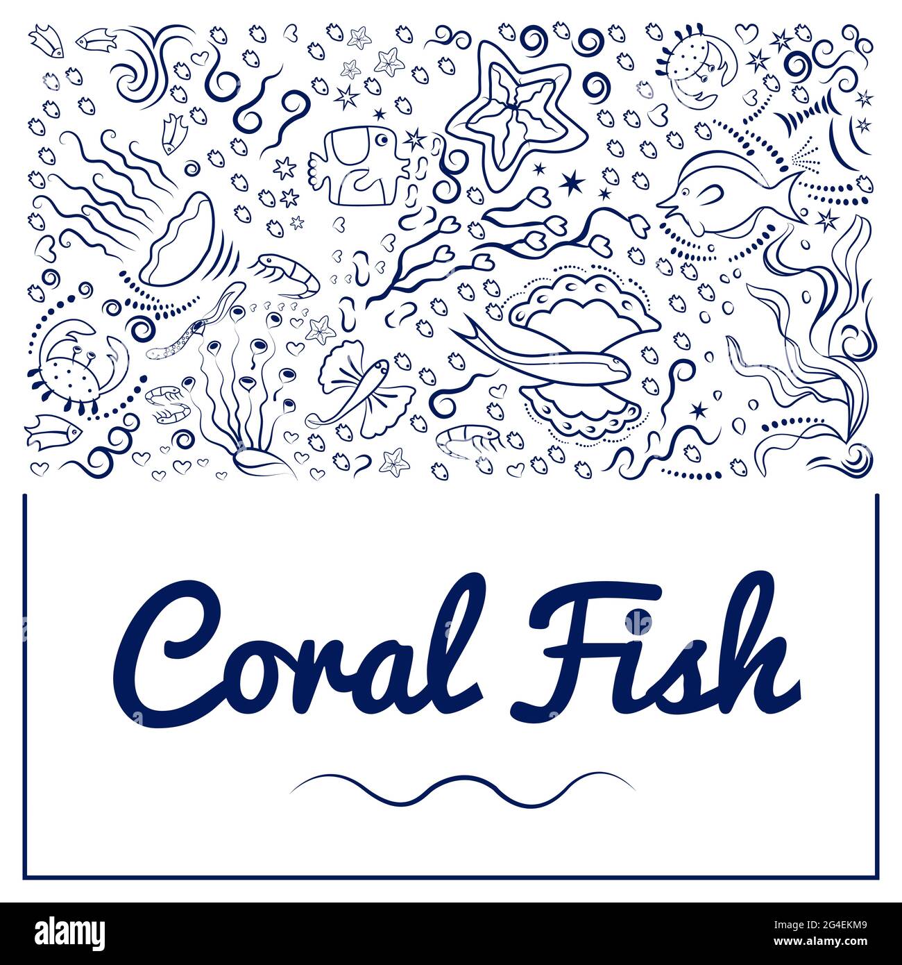 Marine sample of deep-sea fish, algae. Monochrome, frame for banners ...