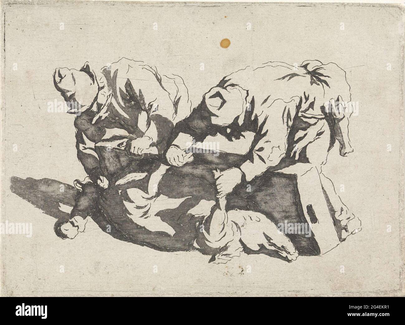 . Two men lifting a genus pig on the legs of the ground. They lean over ...
