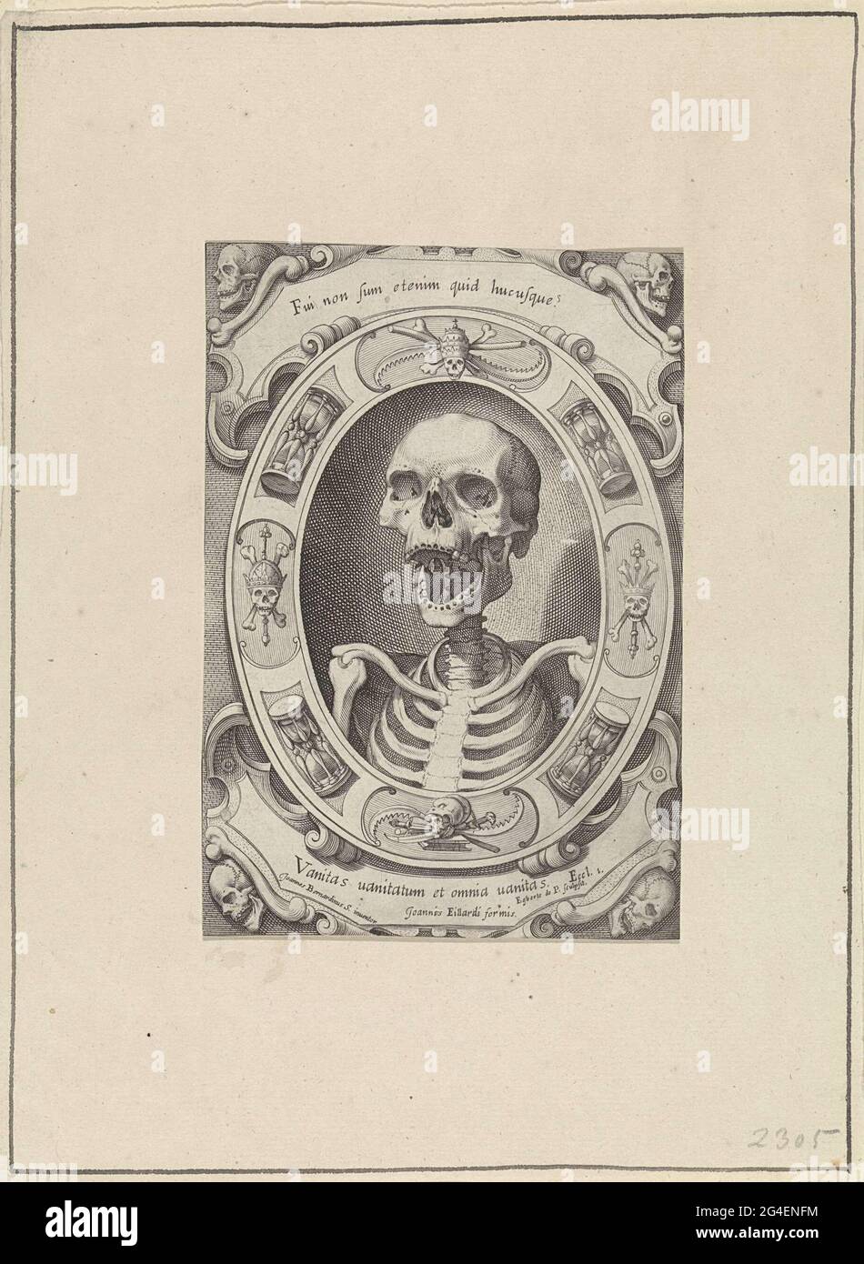 . Skeleton bust, with open mouth, to the left. The bust is caught in an ...