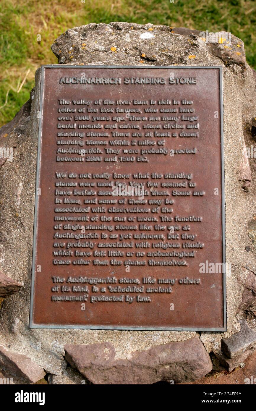 Plaque at Auchingarrich Standing Stone in the Valley of the River Earn ...