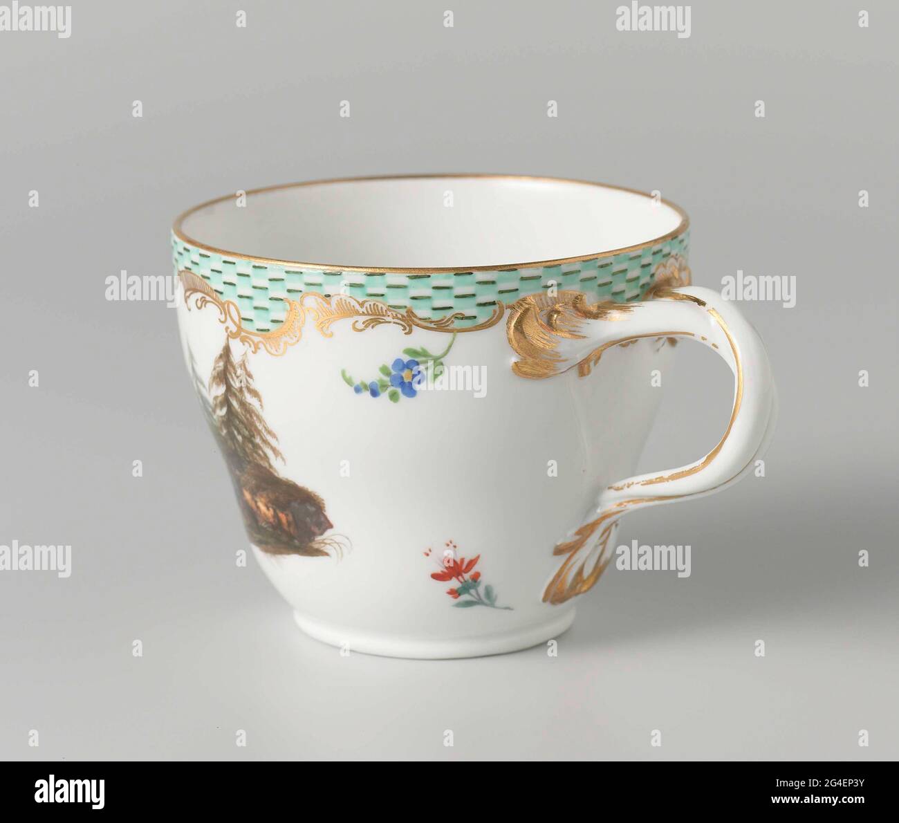 . High cup with ear, painted porcelain. The head is painted with ...