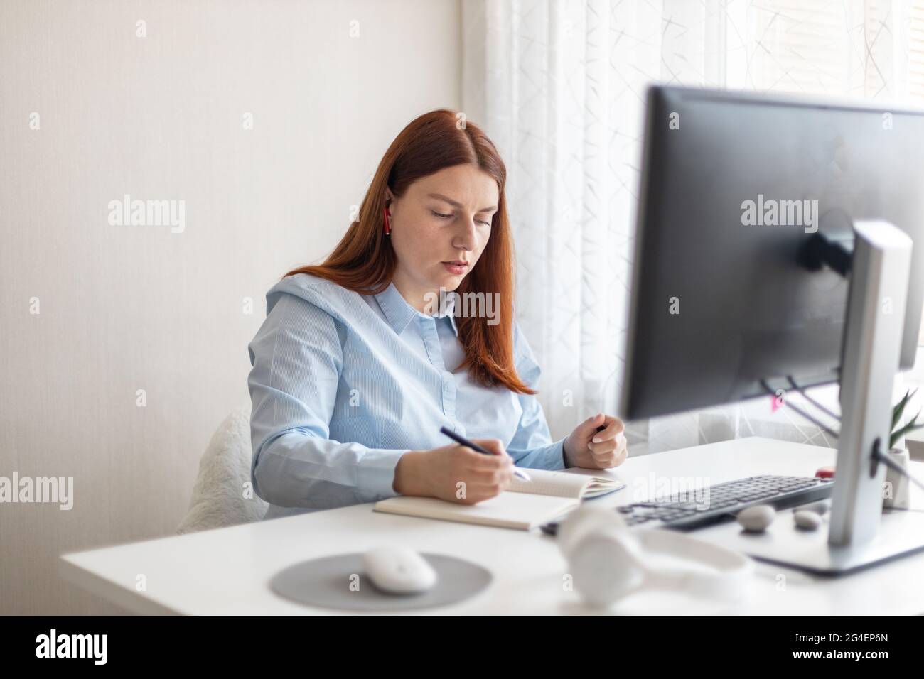 Happy stylish woman remote working from home distance office on pc ...