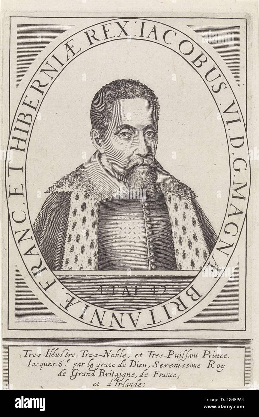 . Bust to the right of Jacobus I, King of England, in an oval frame, on ...