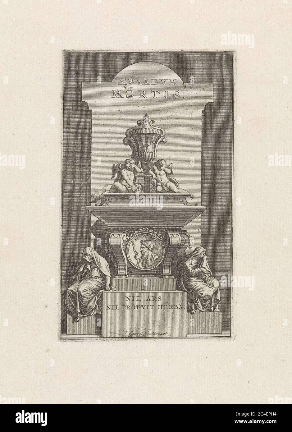 . A grave monument with grieving putti. In the middle of the grave ...