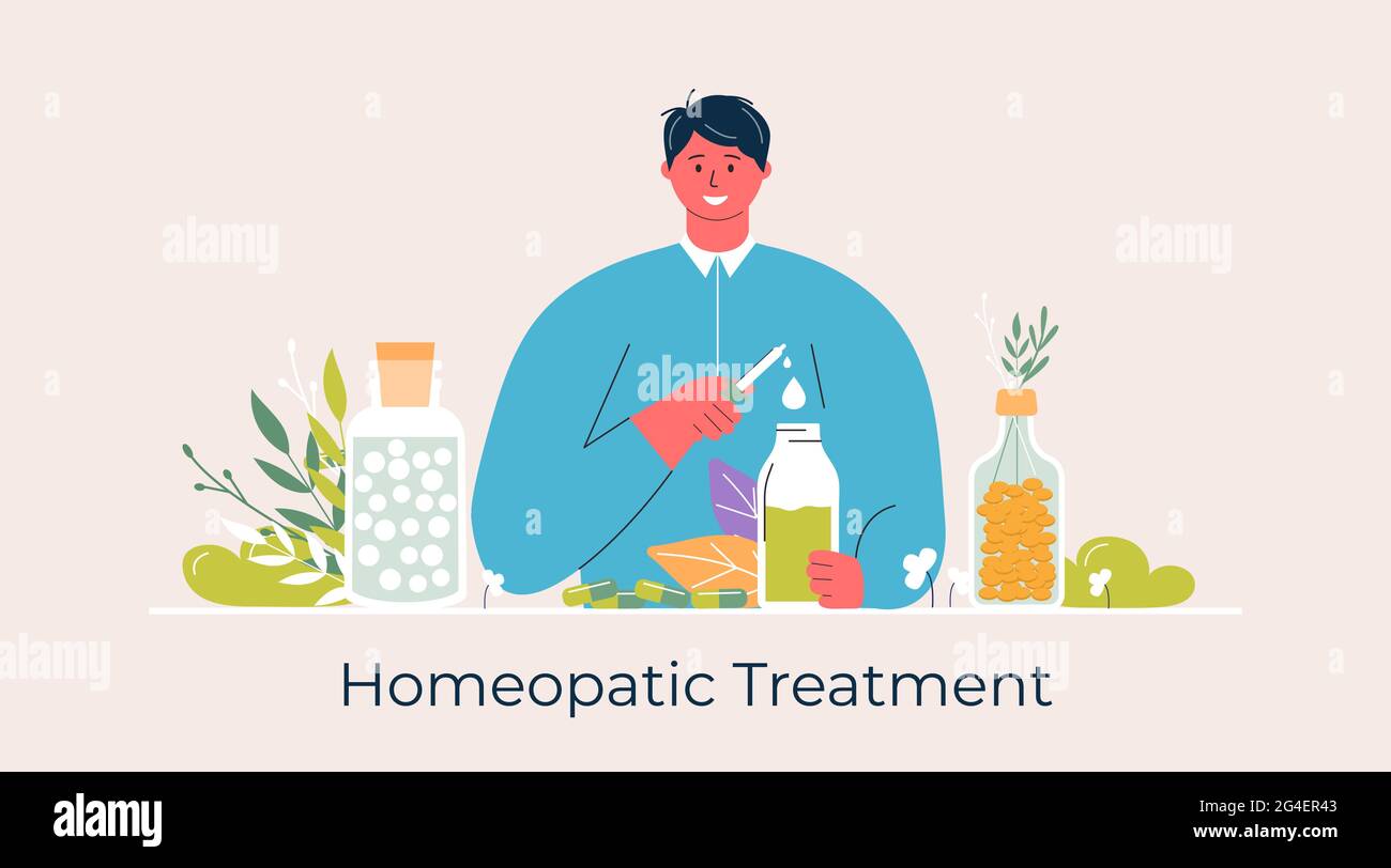 Cartoon people prepared organic natural homeopathic pills in glass jars ...