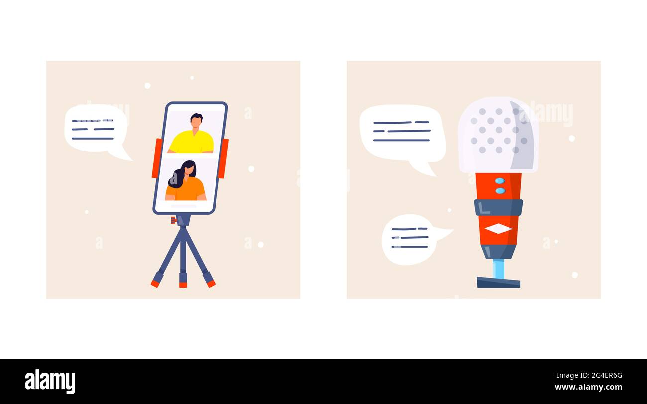 Scene with microphone and smartphone. vector icon for podcast, media ...