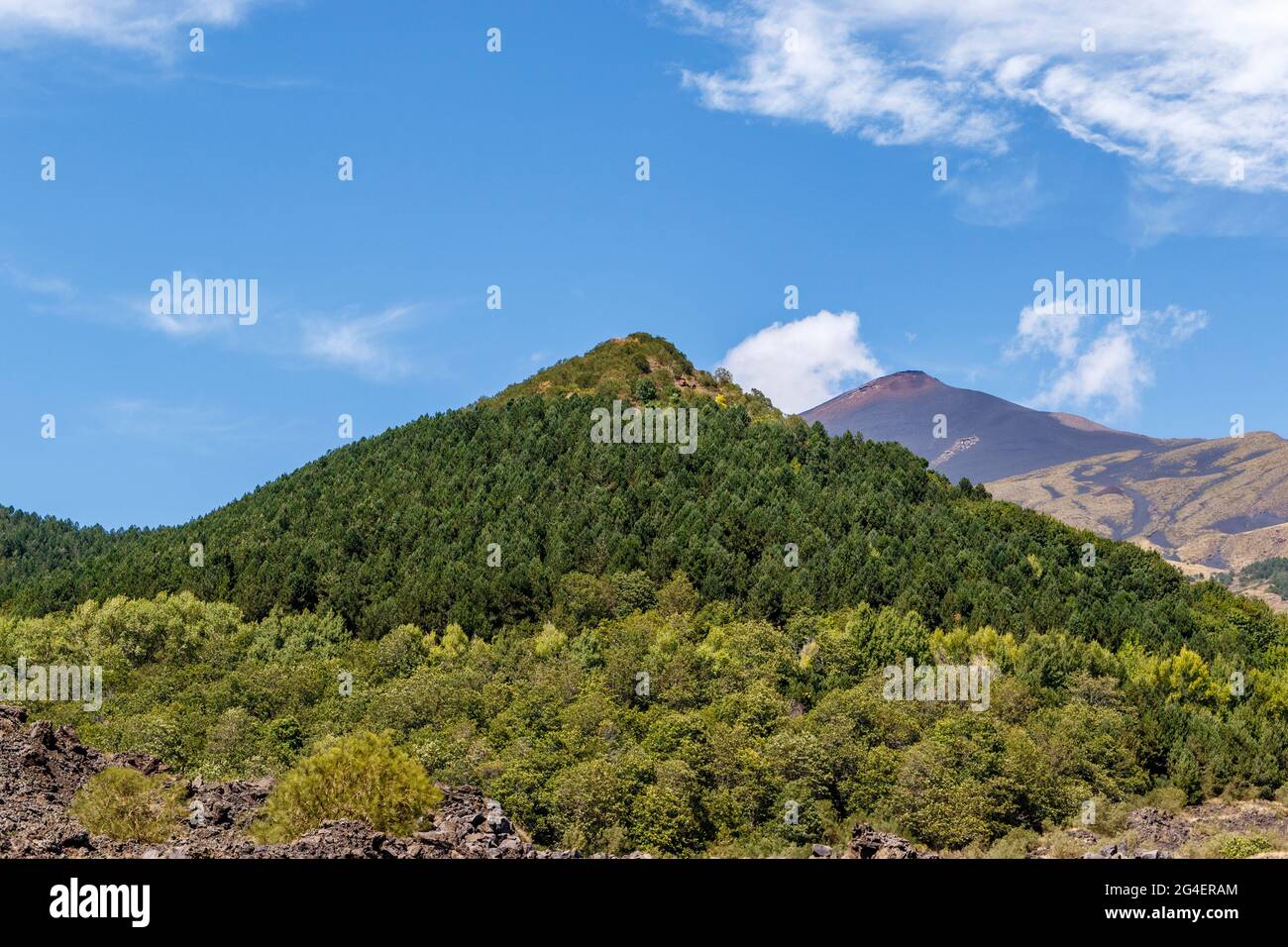 View at Mount Etna volcano in Summer time, Sicily, Italy, Europe Stock ...