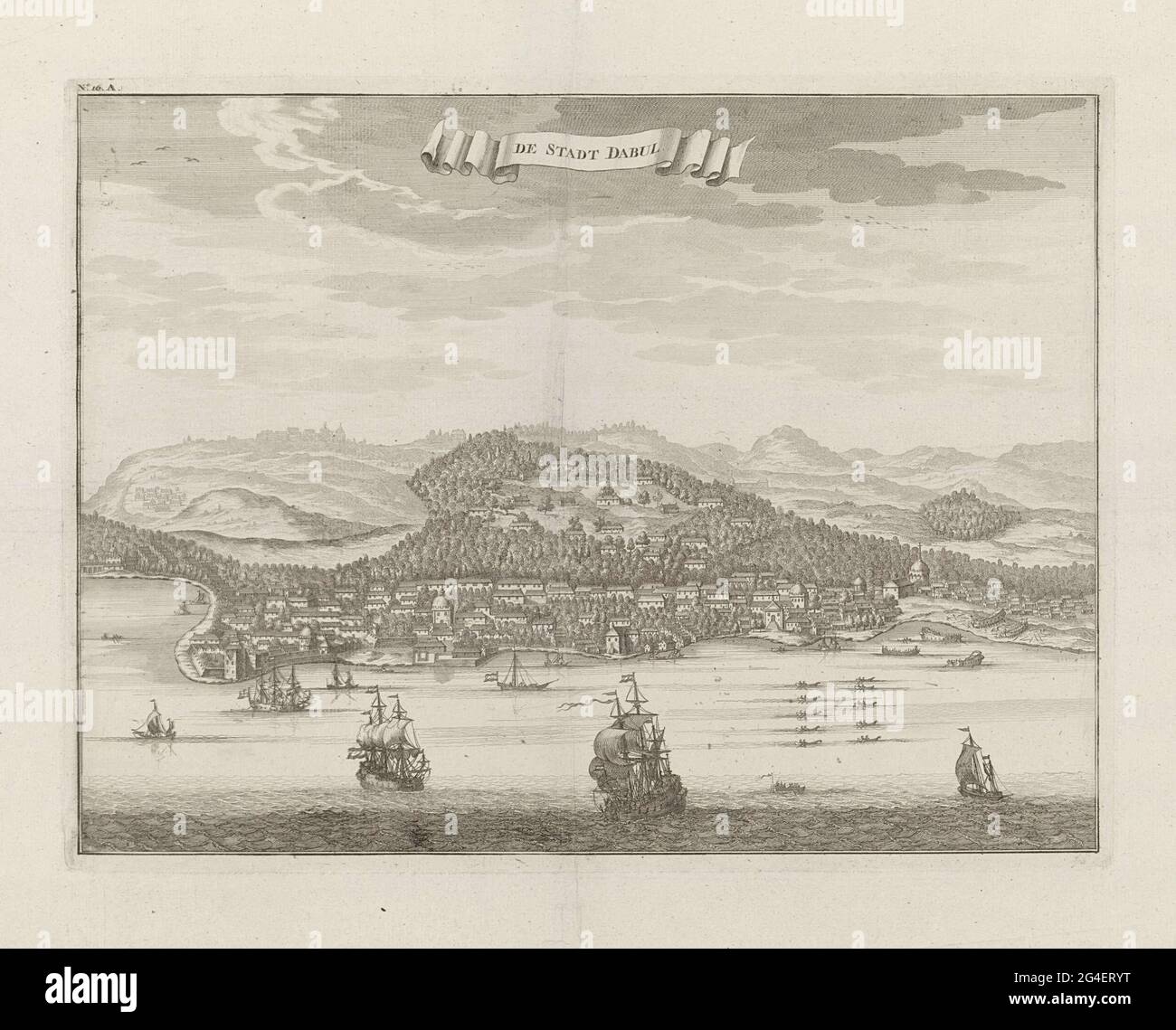 . View of the coastal town of Dabul at Bombay. A few (Dutch) ships are ...