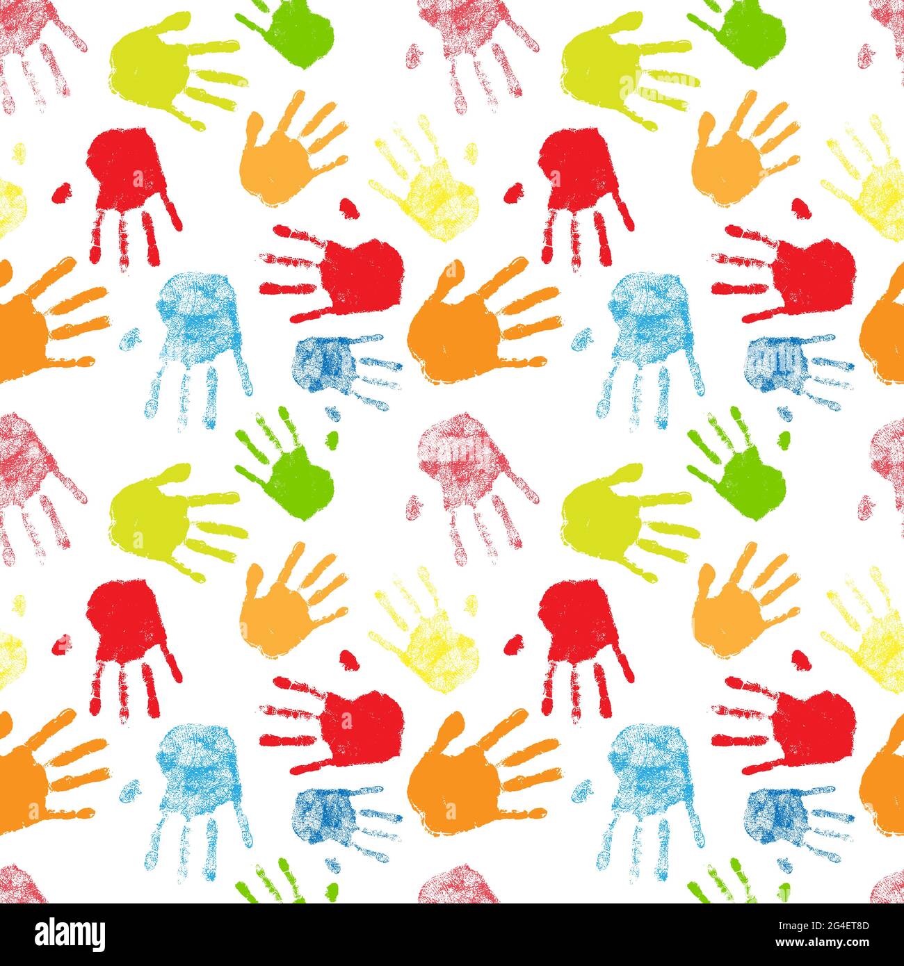 Colorful silhouettes of human palm prints, seamless pattern on white ...